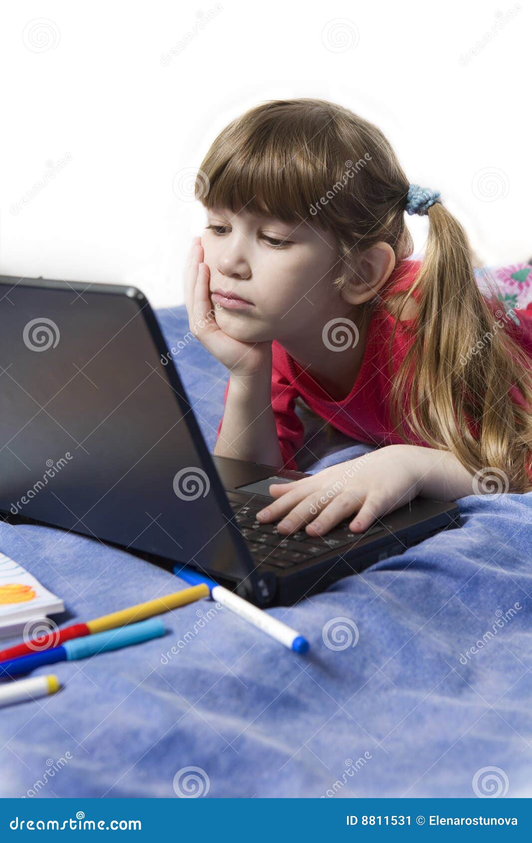 Cute Little Girl Playing with Computer Stock Image - Image of home ...