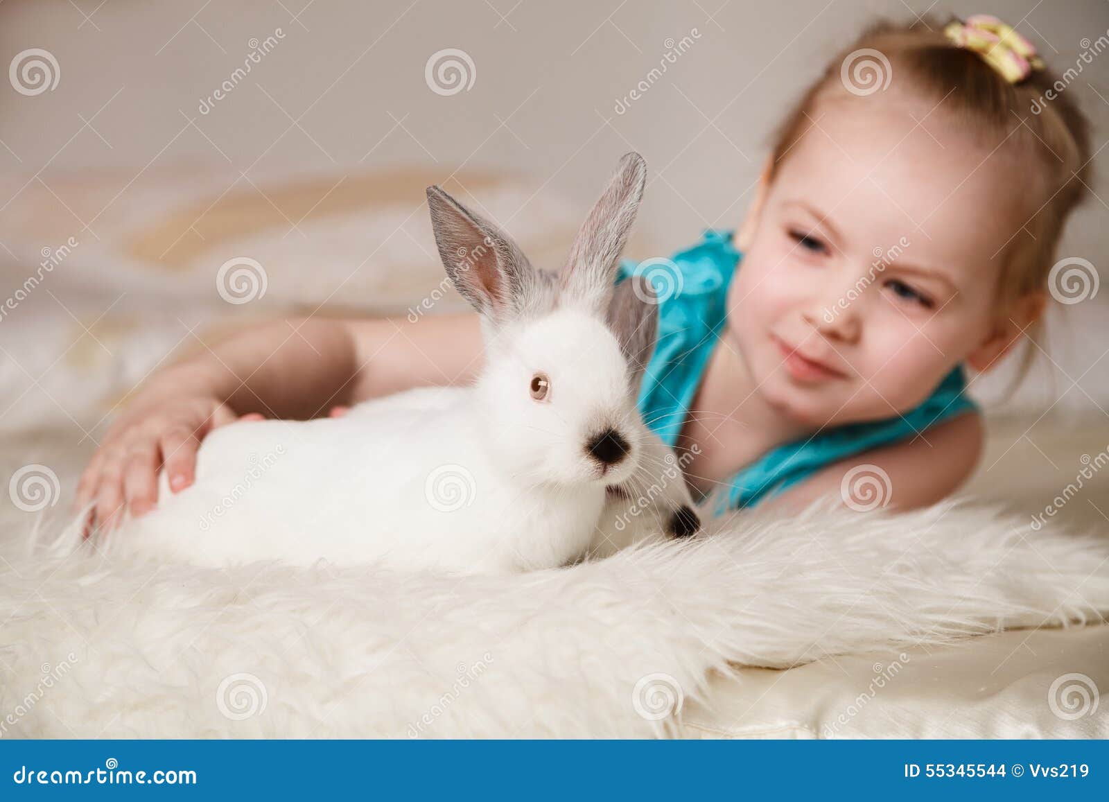 Cute Little Girl Playing with White Rabbits Stock Photo - Image of girl ...