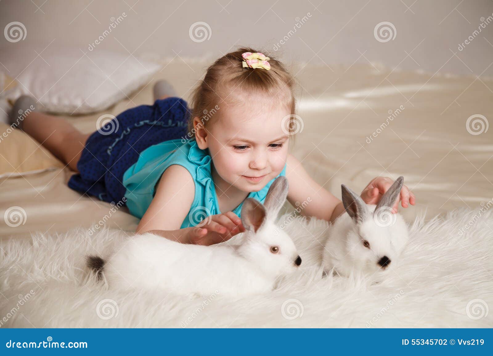 Cute Little Girl Playing with White Rabbits Stock Photo - Image of ...