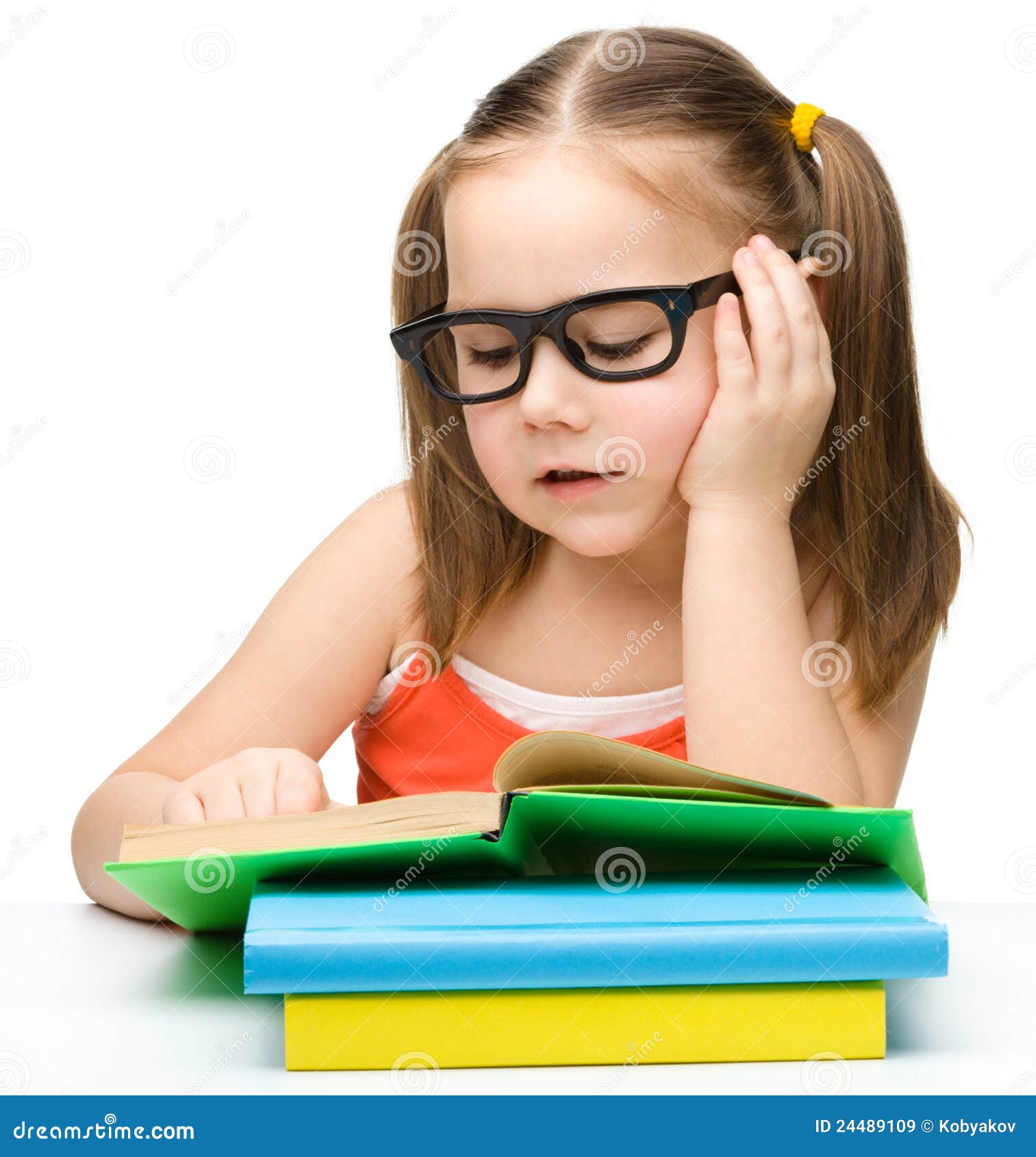 Cute Little Girl Reading Book Stock Image - Image of people, caucasian ...