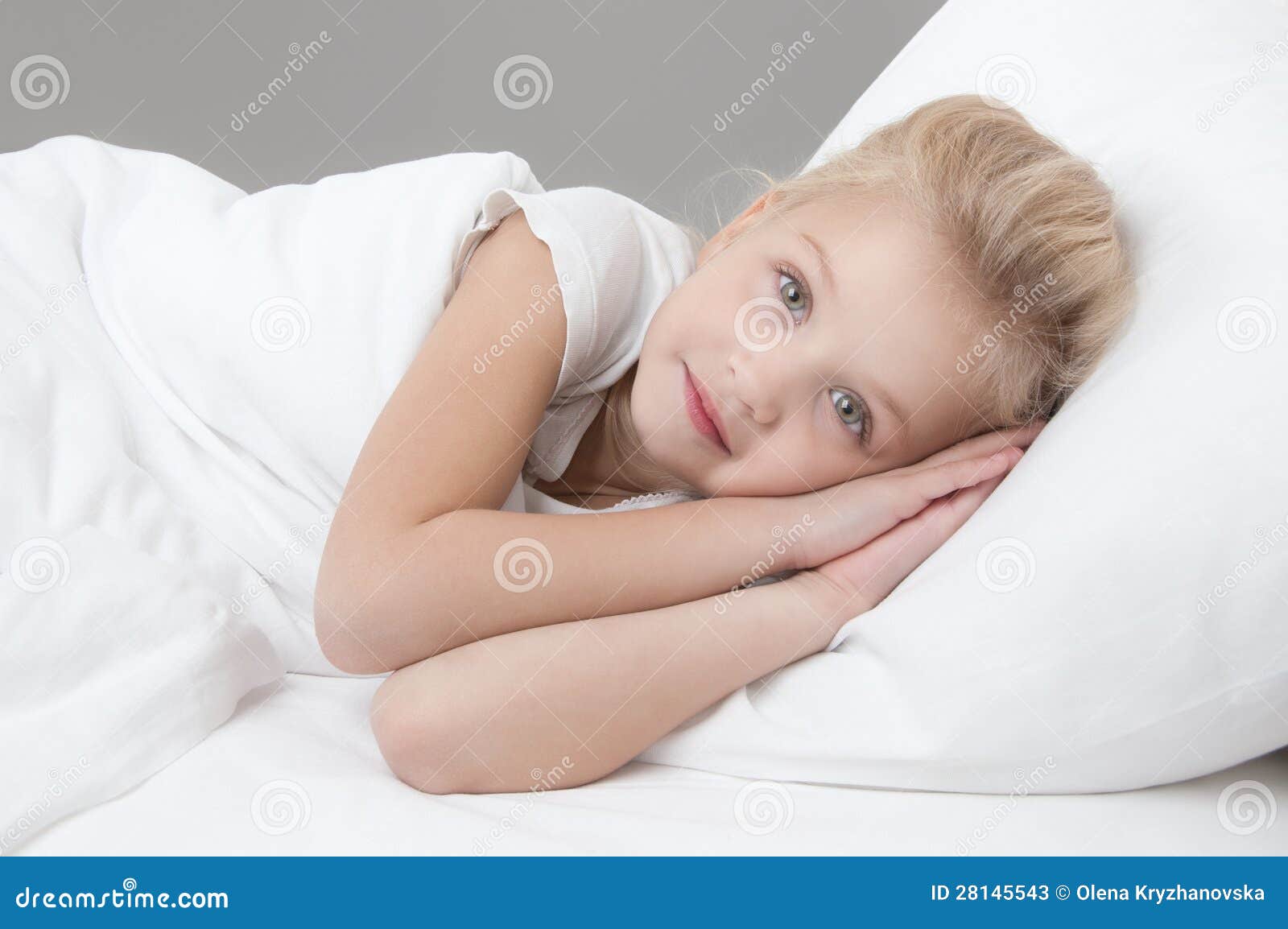 Cute Little Girl Resting in the Bed Closeup Stock Image - Image of ...