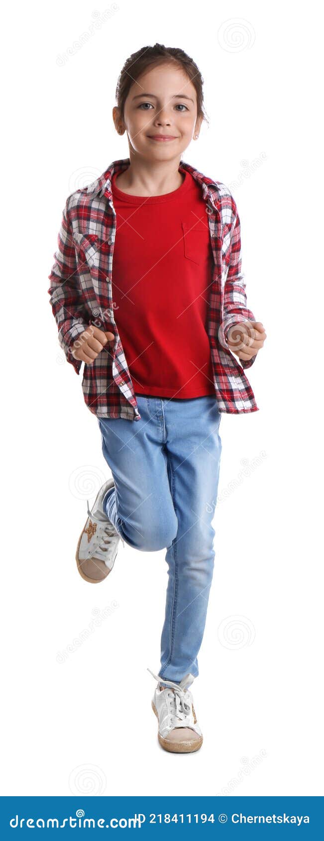 Cute Little Girl Running on White Background Stock Photo - Image of ...