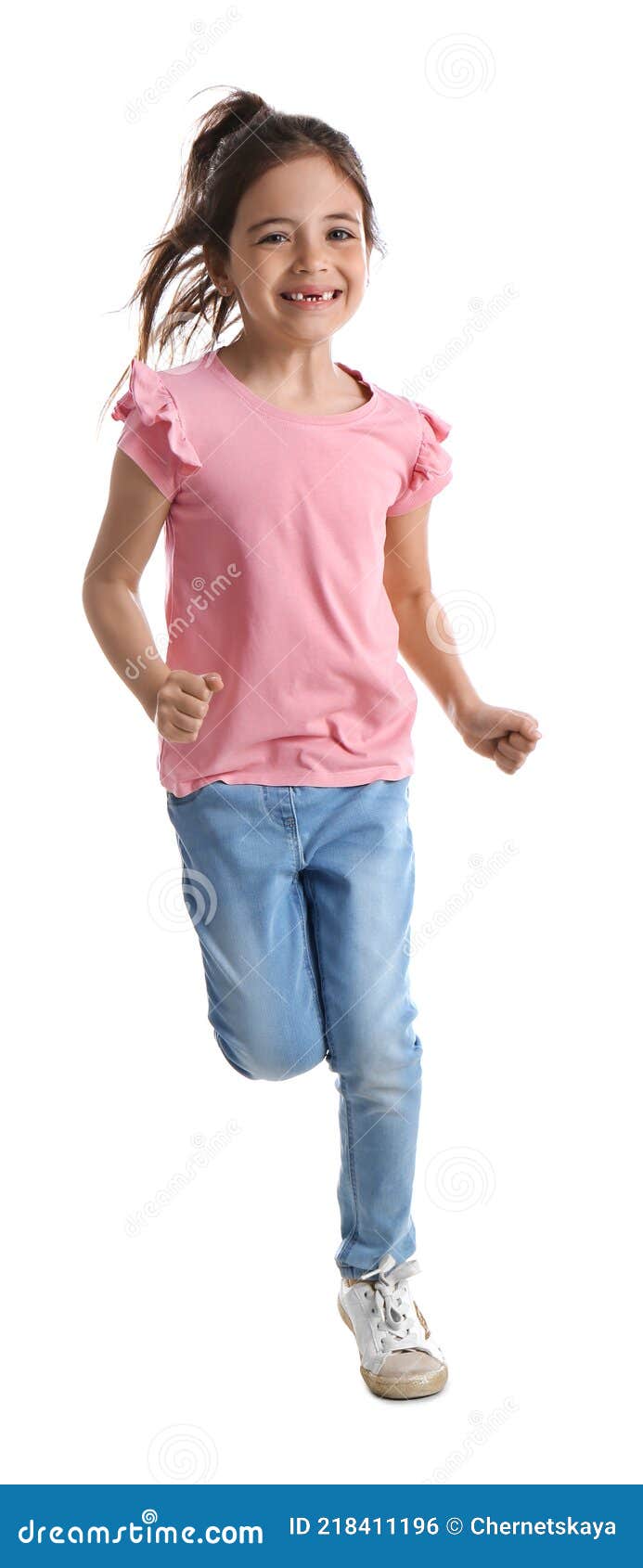 Cute Little Girl Running on White Background Stock Photo - Image of ...