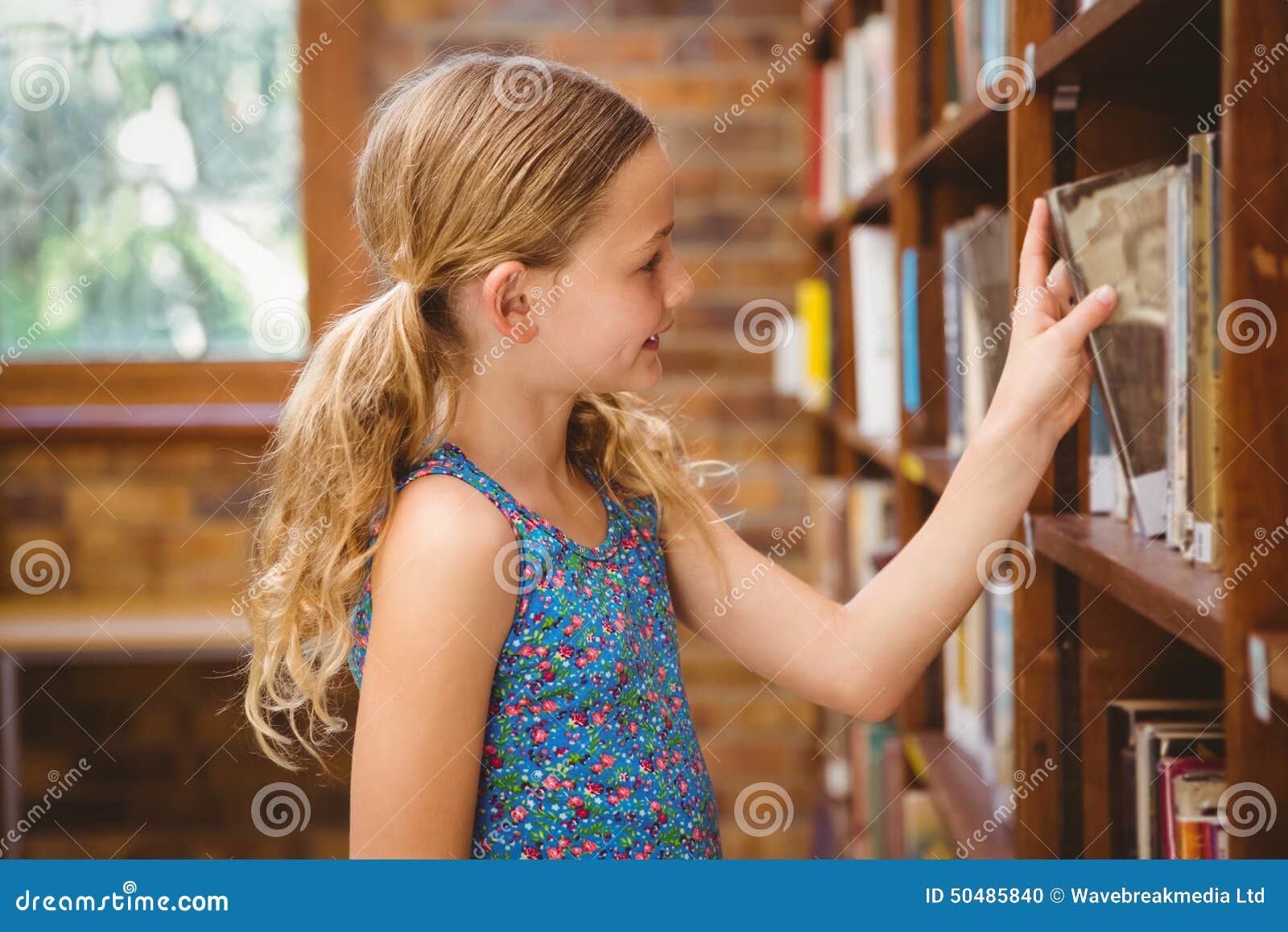 Cute Little Girl Selecting a Book Stock Photo - Image of light, focused ...