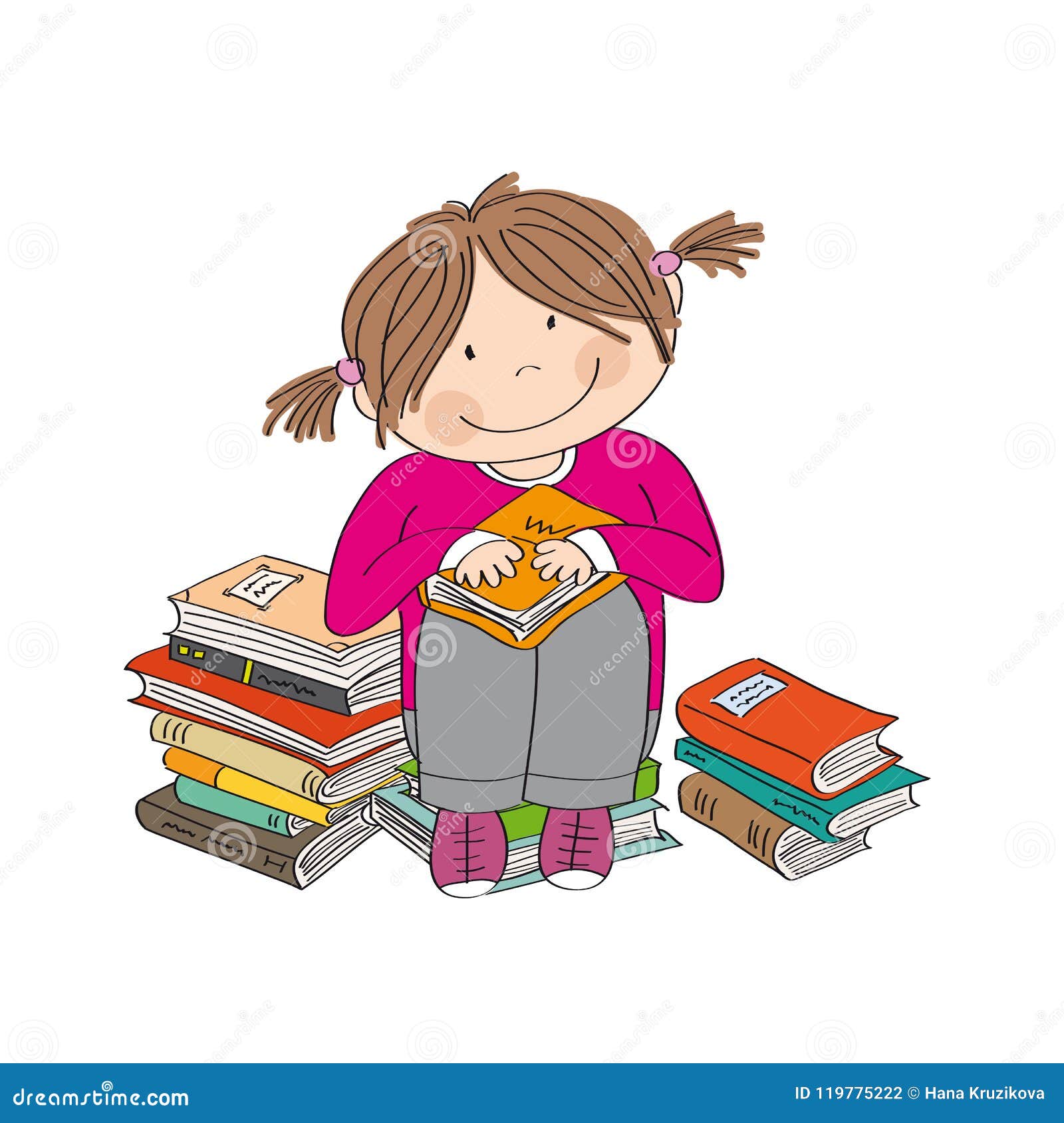 Cute Little Girl Sitting on the Pile of Books, Enjoying Reading Stock ... Cute Little Girl Sitting on the Pile of Books, Enjoying Reading Stock ...