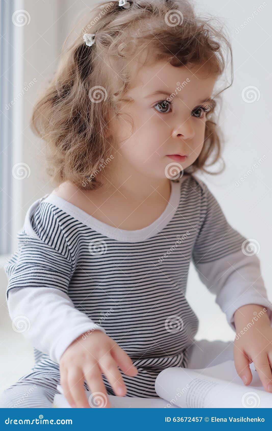 Cute Little Girl Sitting on the Window Stock Image - Image of contrast ...