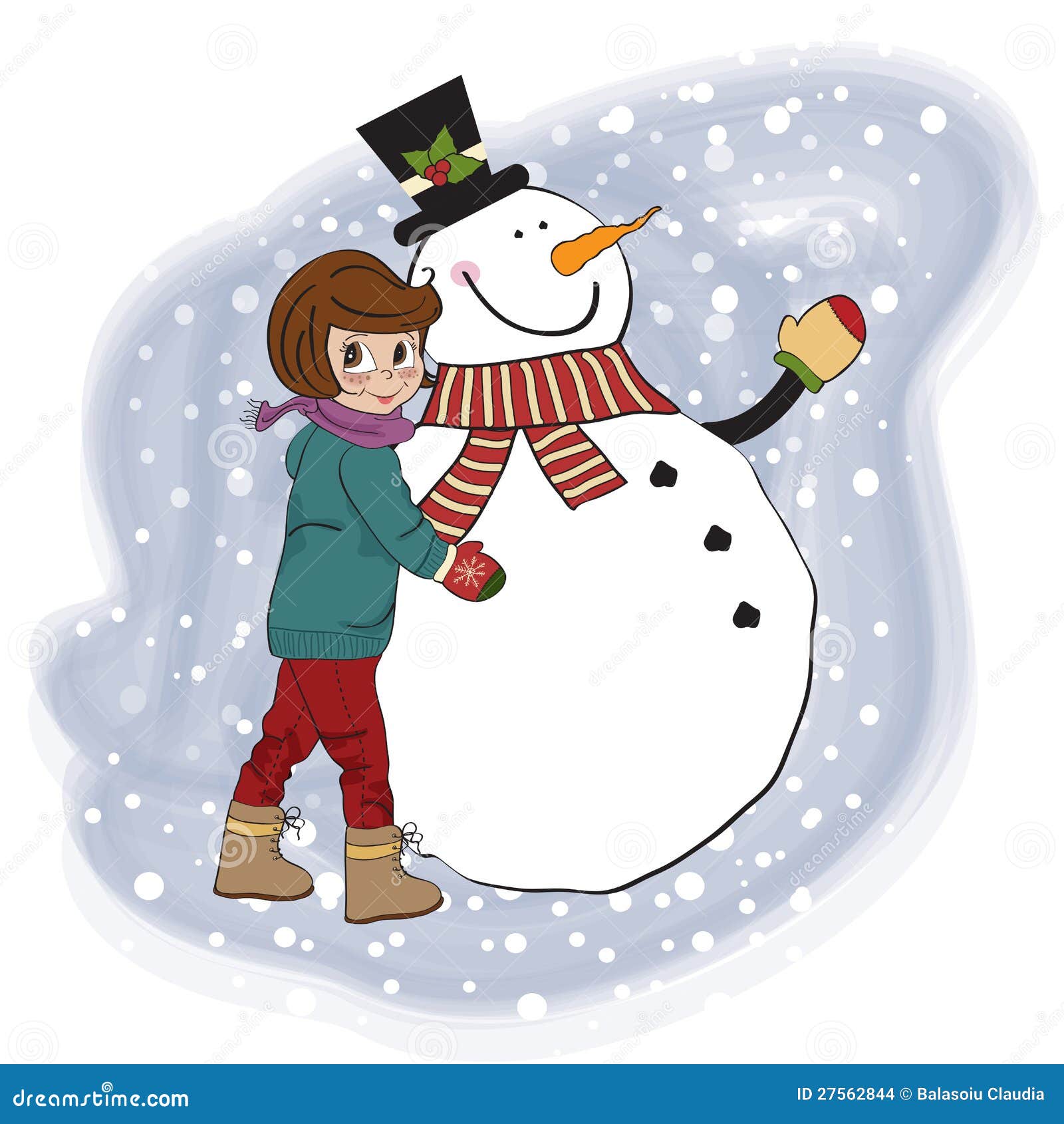 Cute Little Girl with Snowman Stock Vector - Illustration of leisure ...