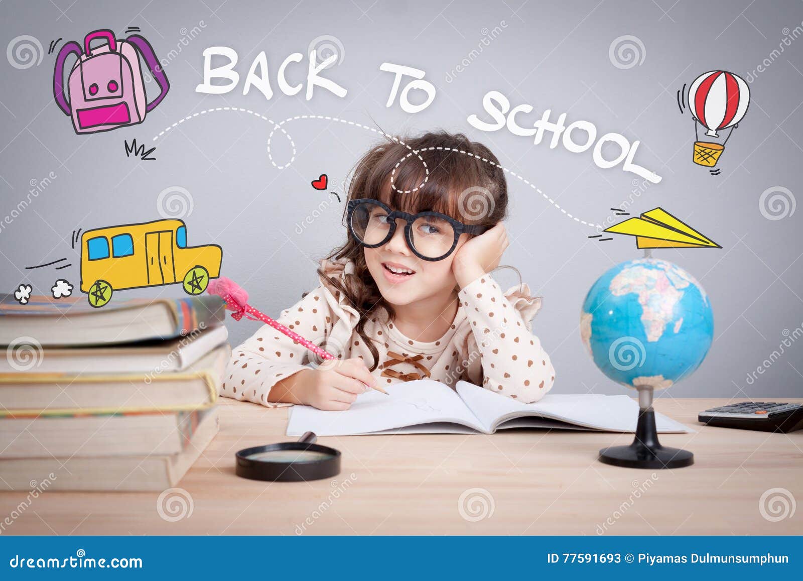 Cute Little Girl Studying at the Library and Thinking, School Concept ...