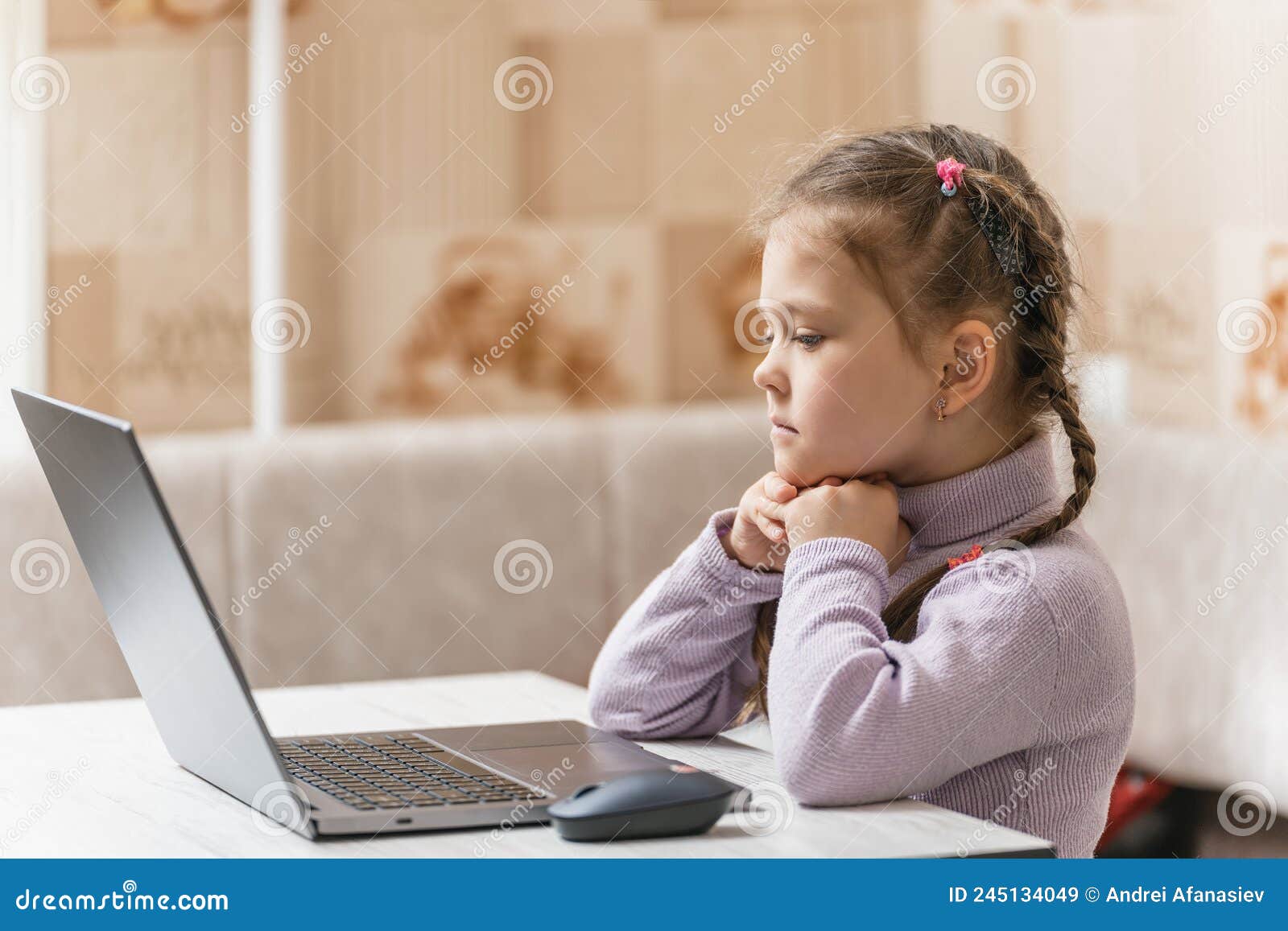 Cute Little Girl Using Laptop Computer for Online Learning Stock Image ...