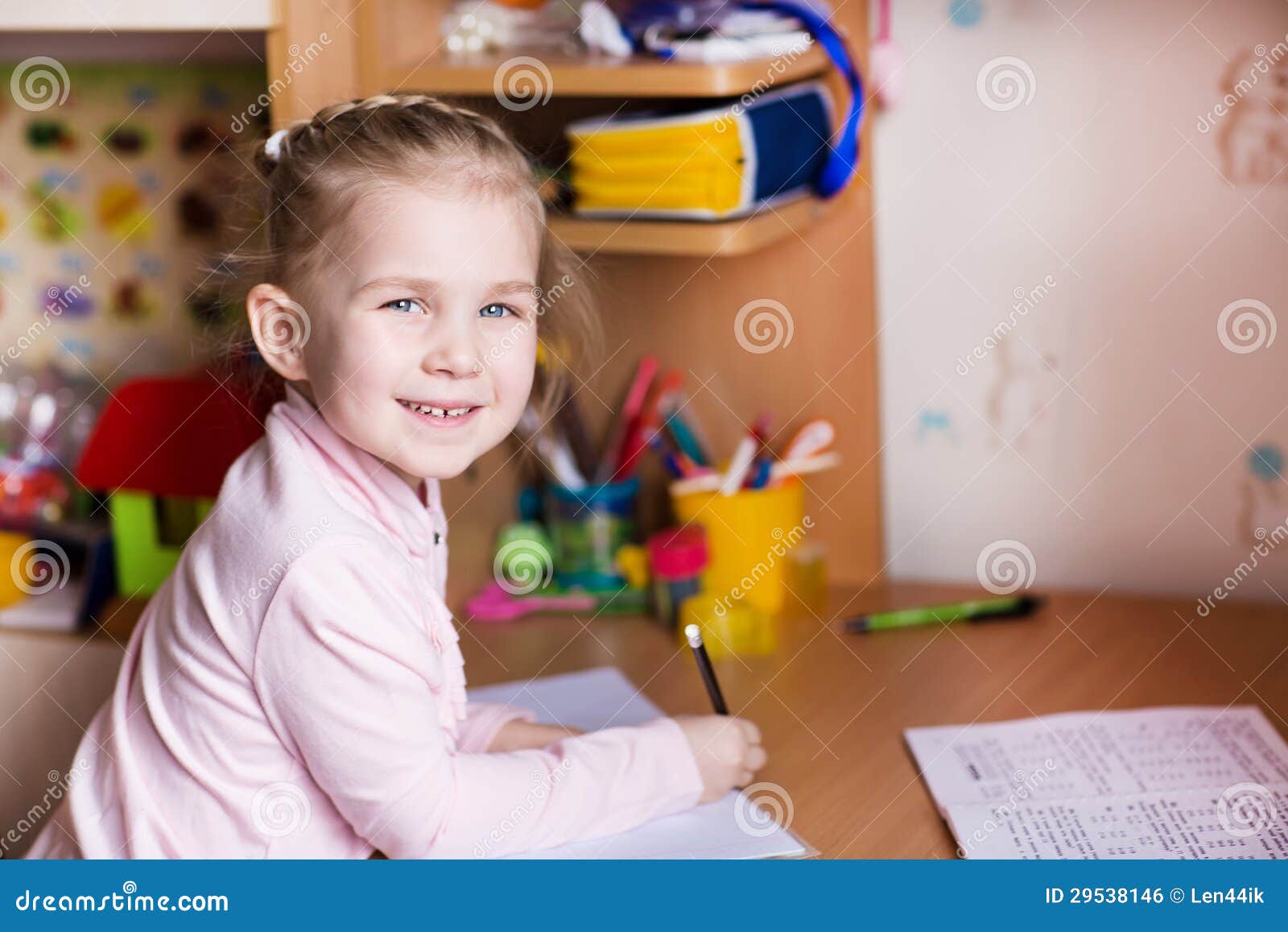 Cute Little Girl Writing Her Homework Stock Photo - Image of beautiful ...
