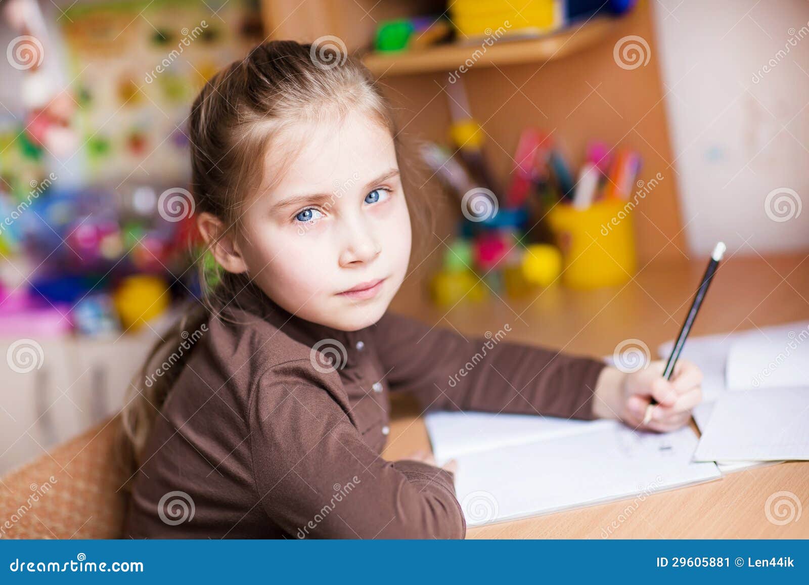 Cute Little Girl Writing Her Homework Stock Image - Image of homework ...