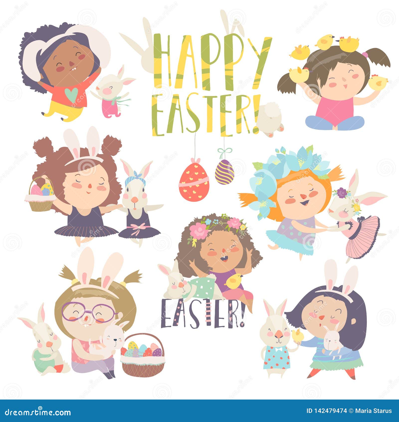 Cute Little Girls with Easter Theme. Happy Easter Stock Vector ...