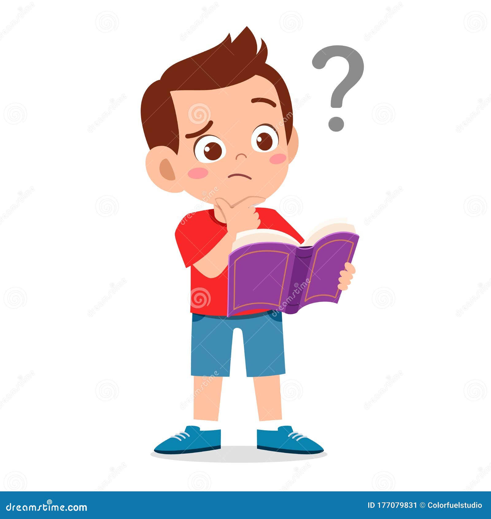 Cute Little Kid Boy Read Book and Confused with Question Mark Stock ...
