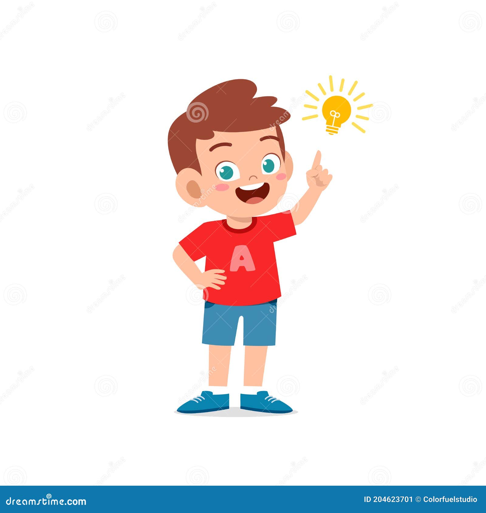 Cute Little Kid Boy Show Idea Pose Expression with Light Bulb Sign Stock Vector - Illustration ...