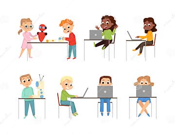 Cute Little Kid Programming and Creating Smart Robot with Laptop Vector ...