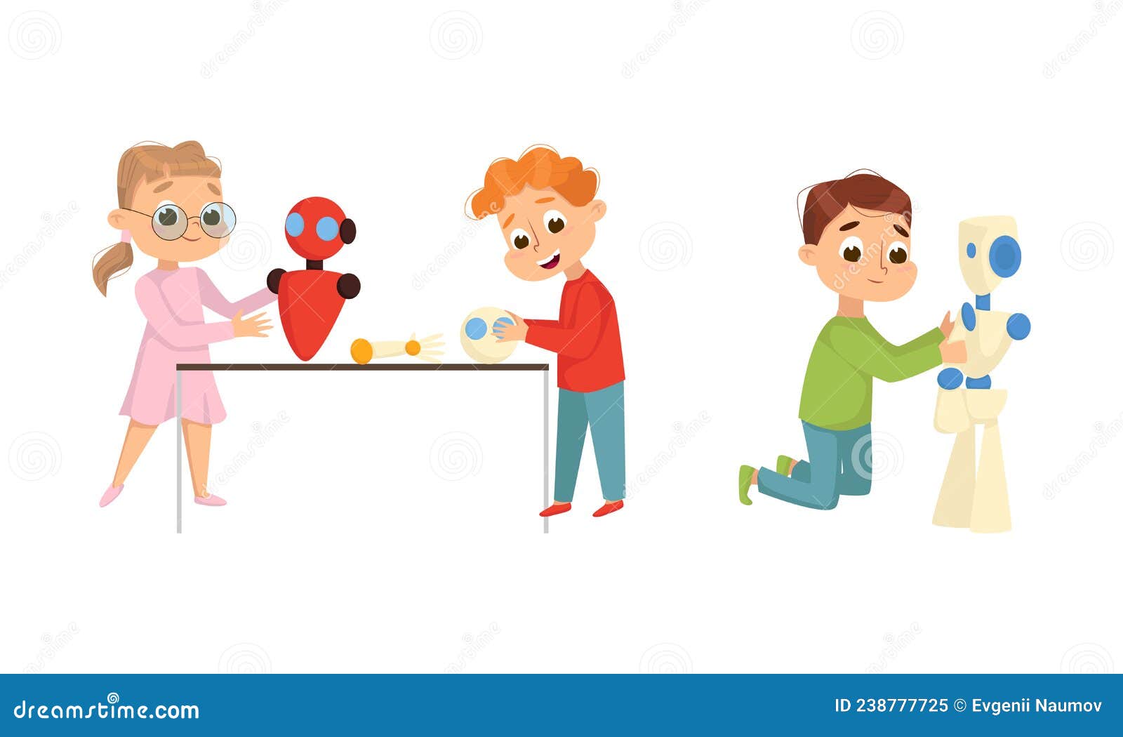 Cute Little Kid Programming and Creating Smart Robot Vector Set Stock ...