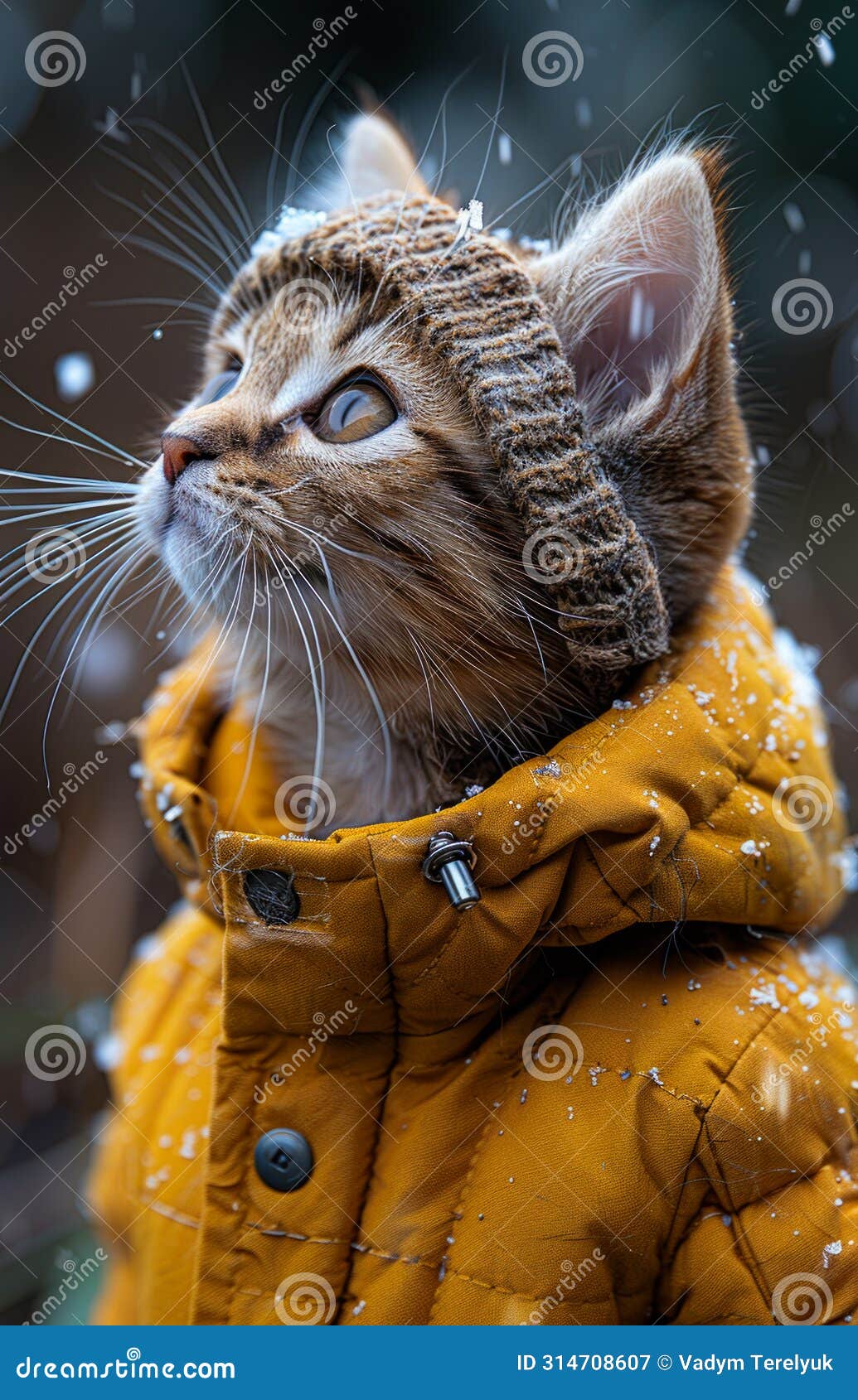 Cute Little Kitten Wearing Yellow Knitted Hat and Yellow Down Jacket ...