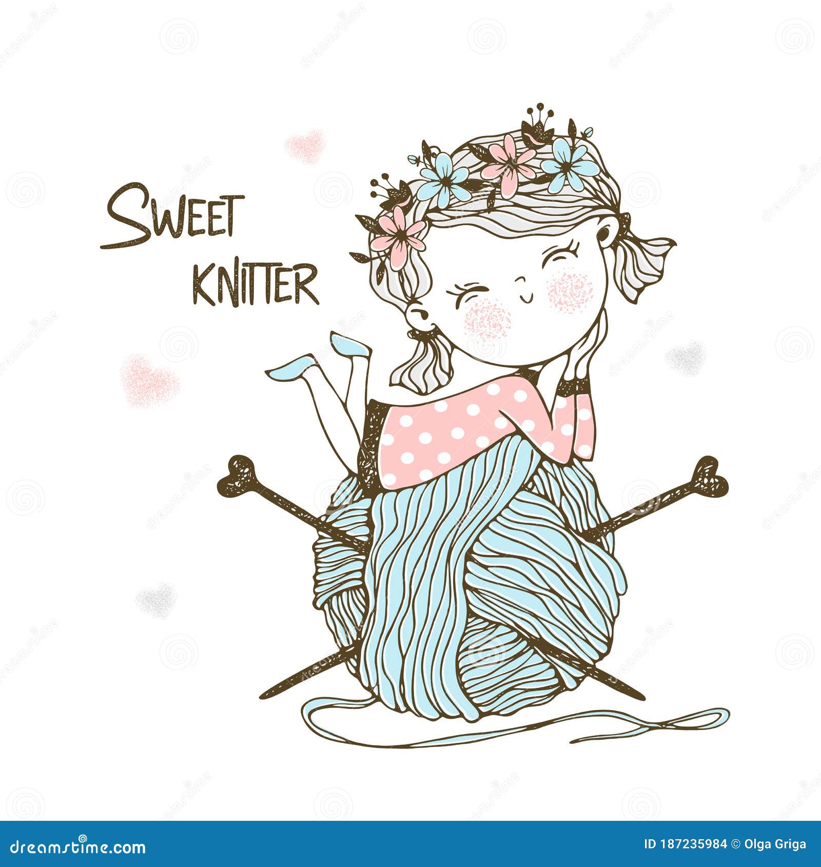 Cute Little Knitter with a Huge Skein of Yarn. Vector Stock ...