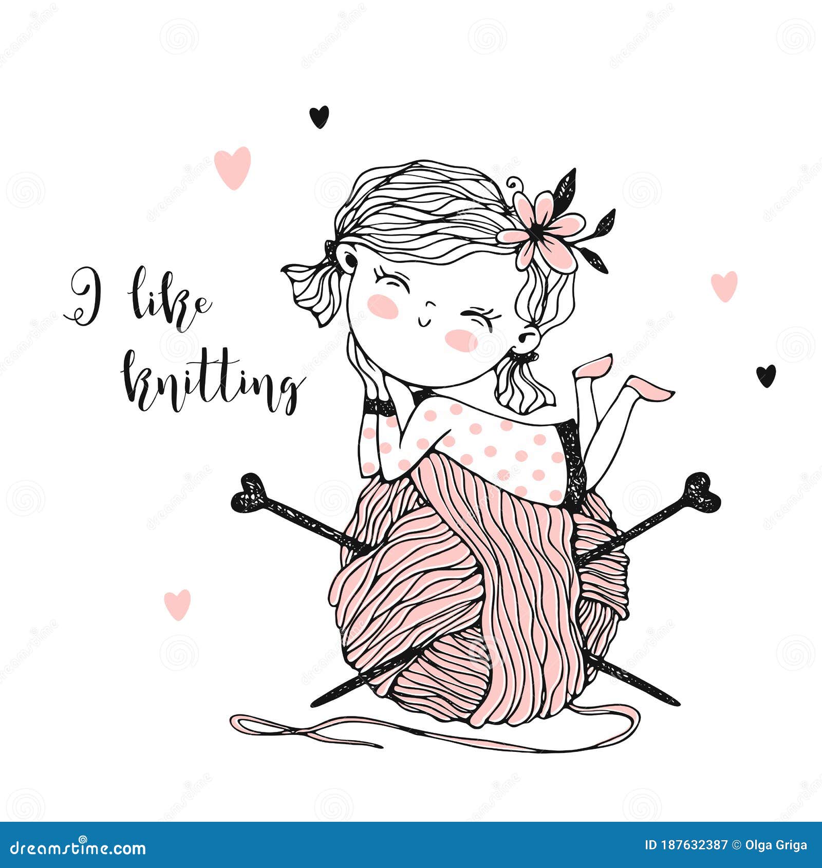 Cute Little Knitter with a Huge Skein of Yarn. Vector Stock ...