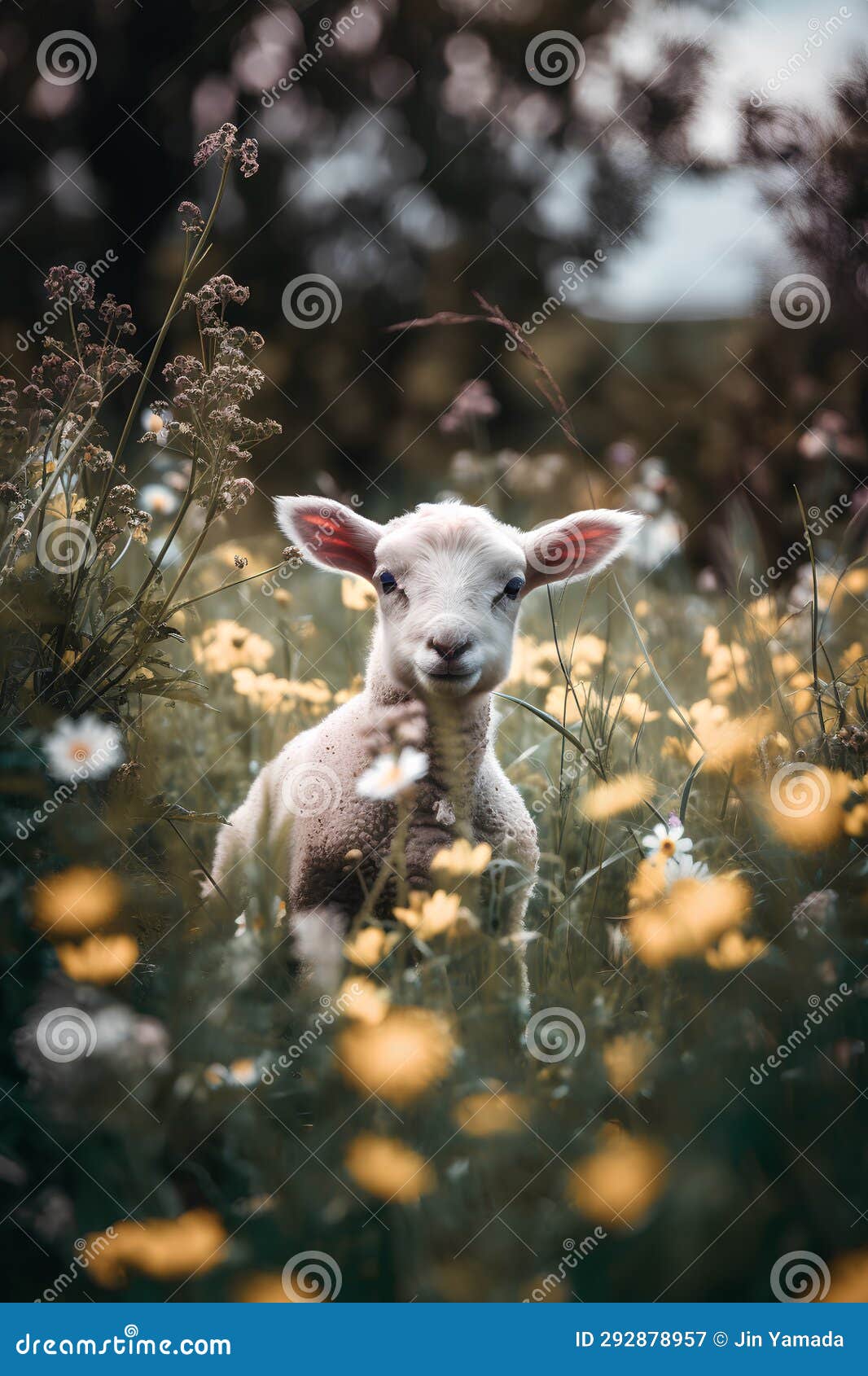 Cute Little Lamb in the Meadow with Daisies. Stock Illustration ...