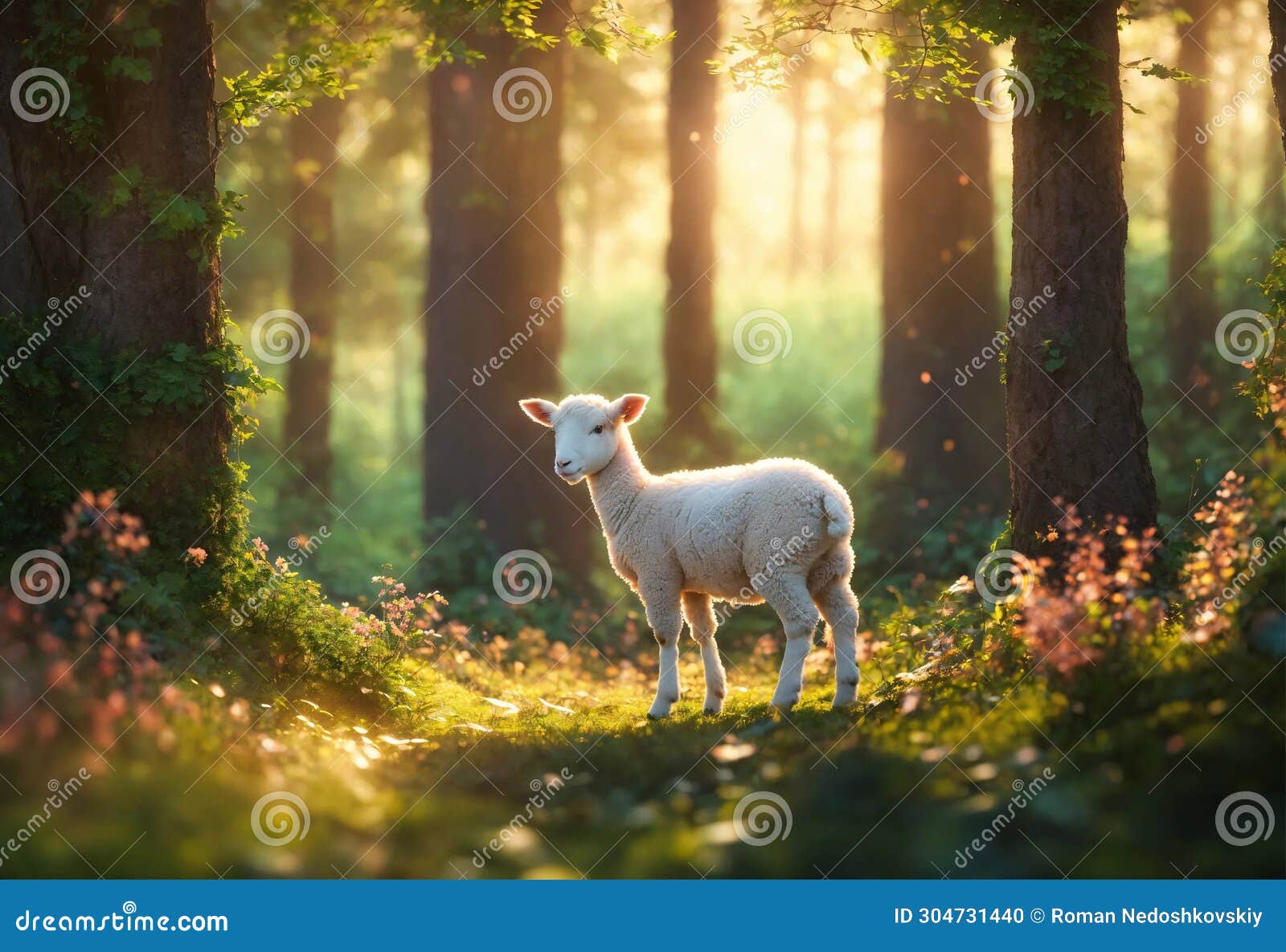Lamb Of God. Lamb In The Forest With A Light Beam On The Background ...
