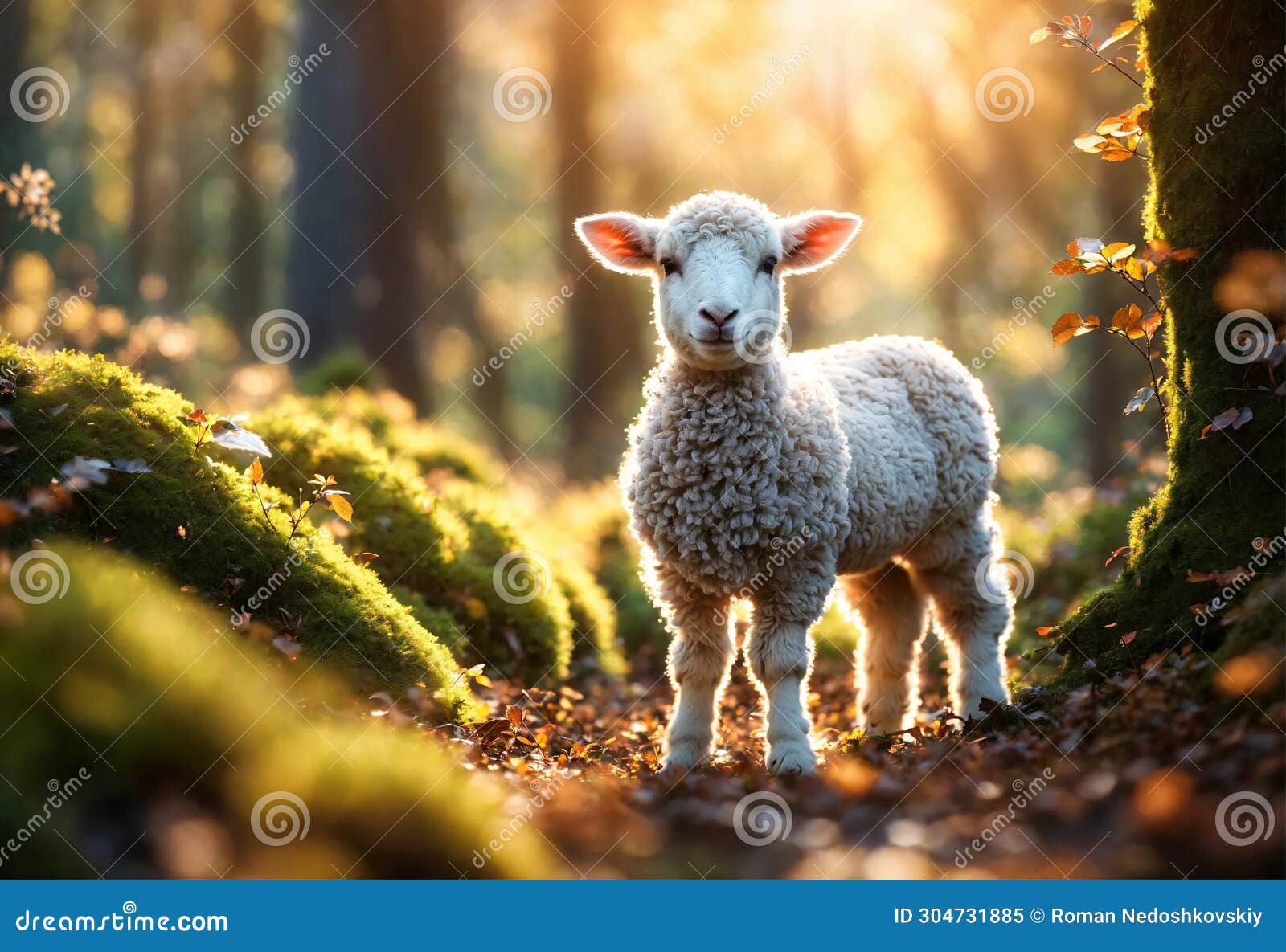 Lamb Of God. Lamb In The Forest With A Light Beam On The Background ...