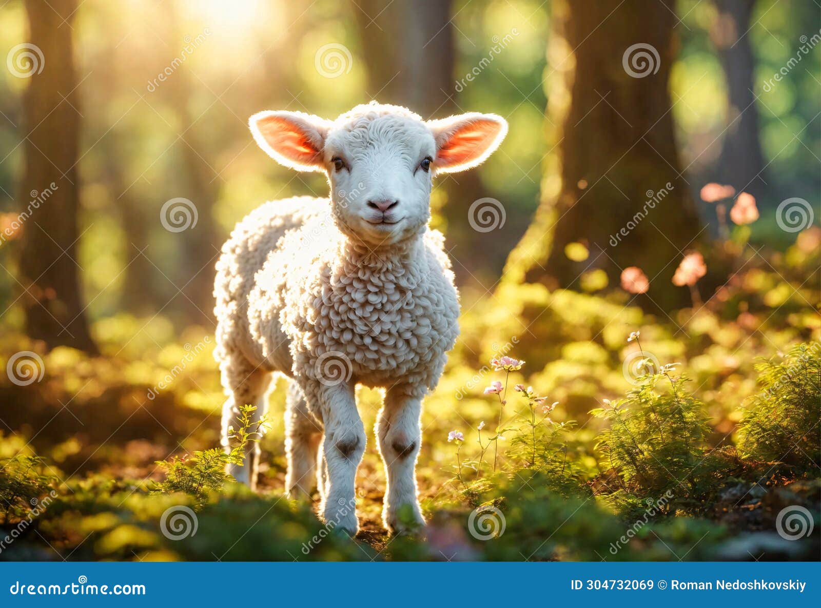 Lamb Of God. Lamb In The Forest With A Light Beam On The Background ...