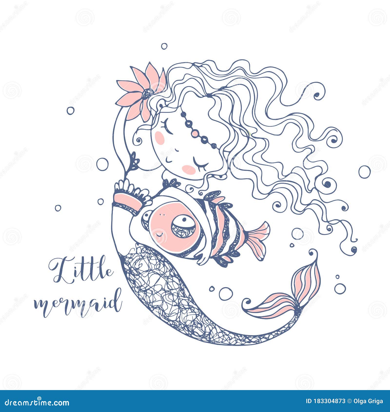 Cute Little Mermaid with a Fish . Doodle Style. Vector. Stock Vector ...