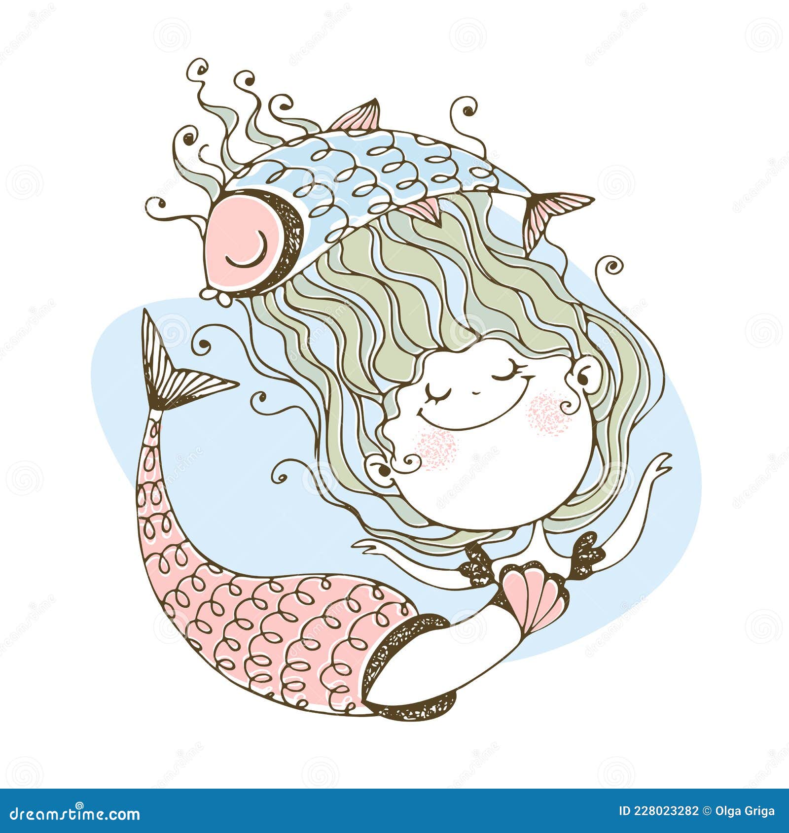 Cute Little Mermaid with Fish. Vector Illustration Stock Vector ...