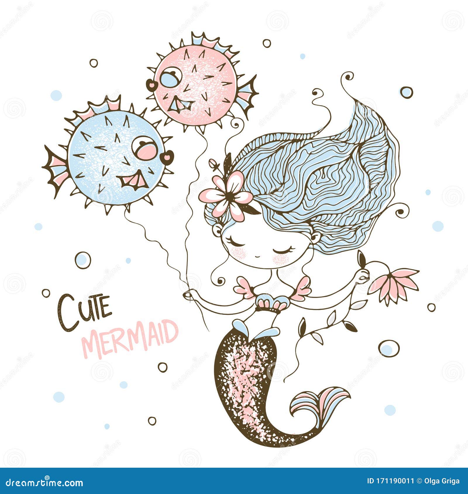 Cute Little Mermaid with Funny Fish-hedgehogs. Vector Stock ...