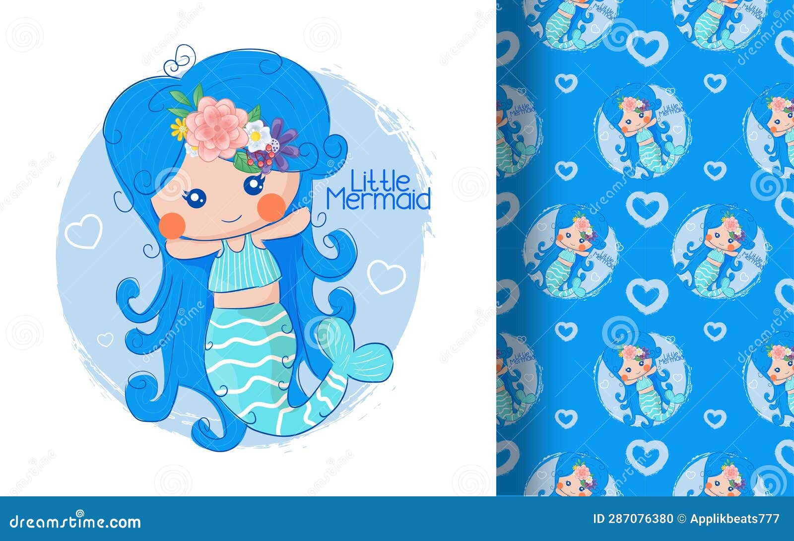Cute Little Mermaid with Seamless Pattern. Illustration for Kids Stock ...
