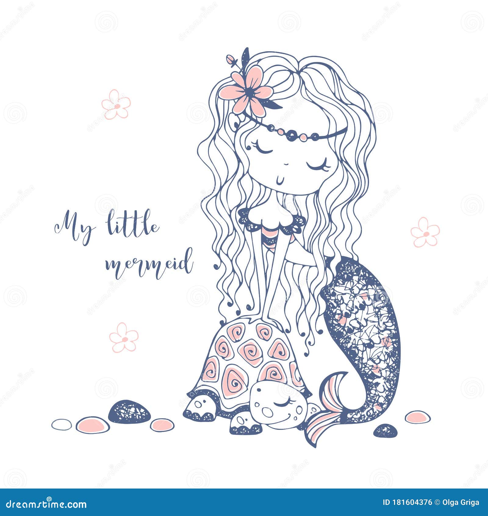 A Cute Little Mermaid with a Turtle. Doodle Style Stock Illustration ...