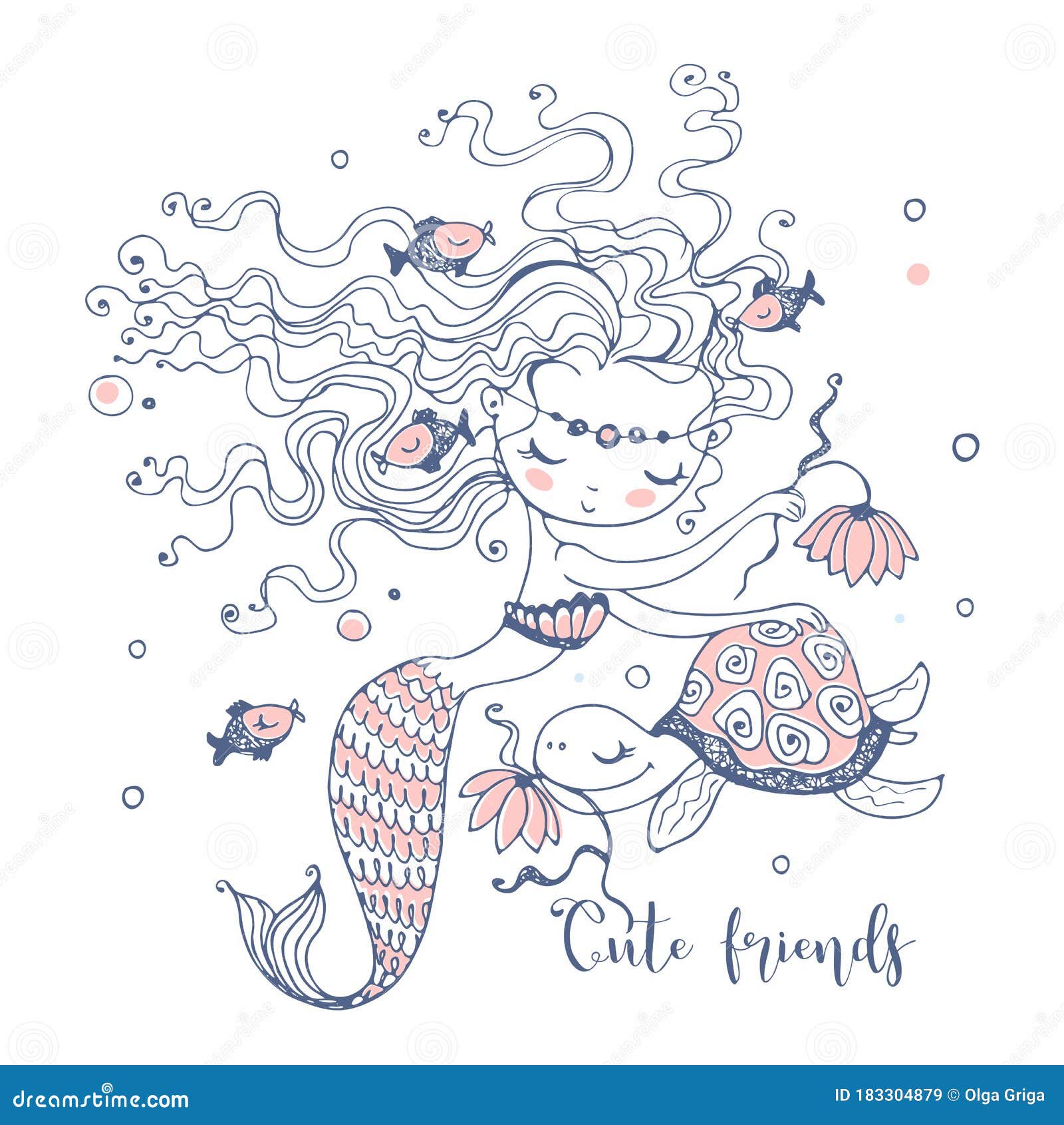A Cute Little Mermaid with a Turtle. Doodle Style. Vector. Stock Vector ...