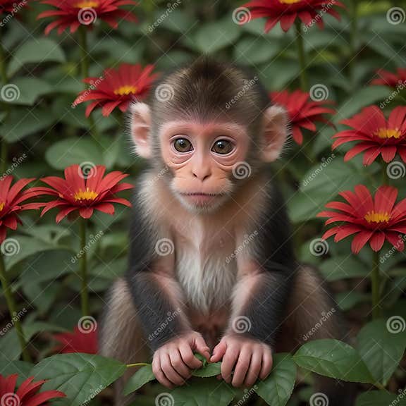 Cute Little Monkey Flower Around Stock Illustration - Illustration of ...