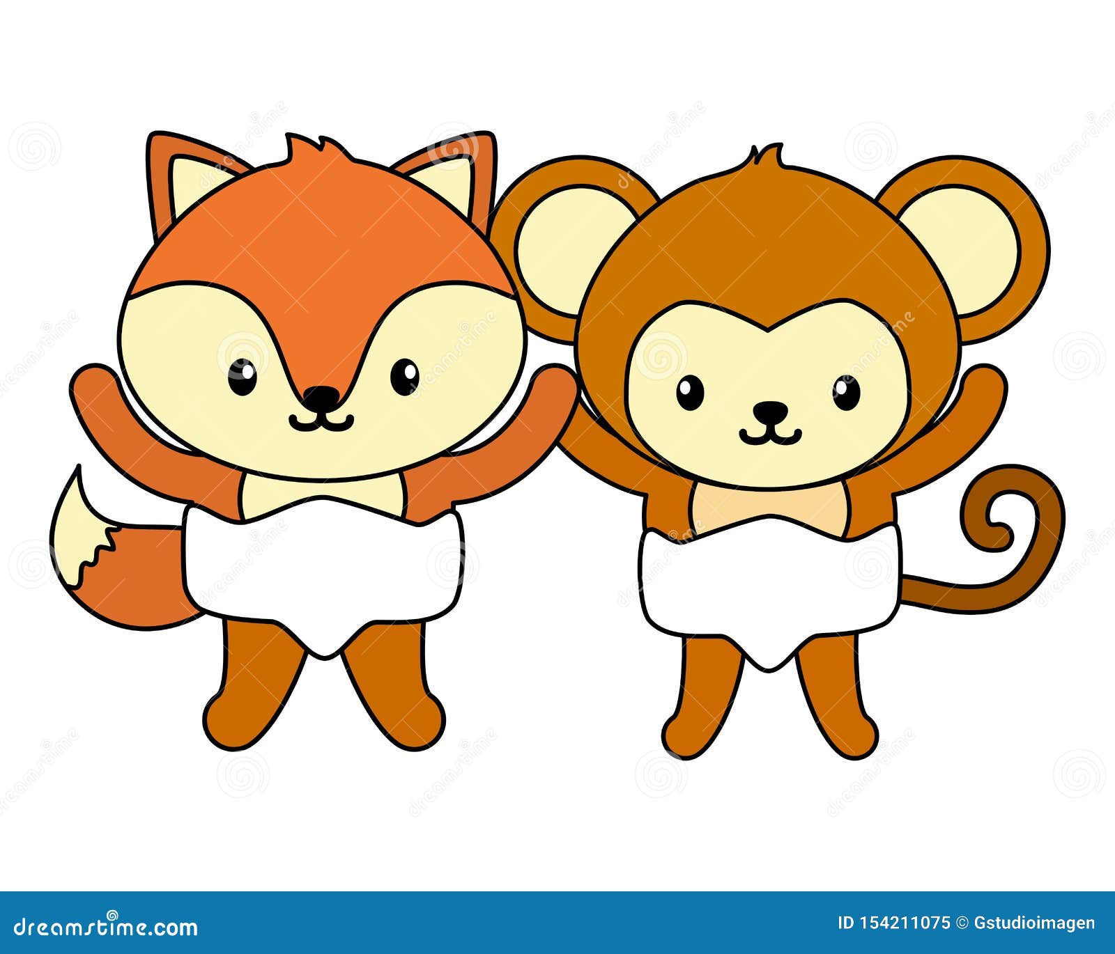 Cute Little Monkey and Fox Characters Stock Illustration - Illustration ...