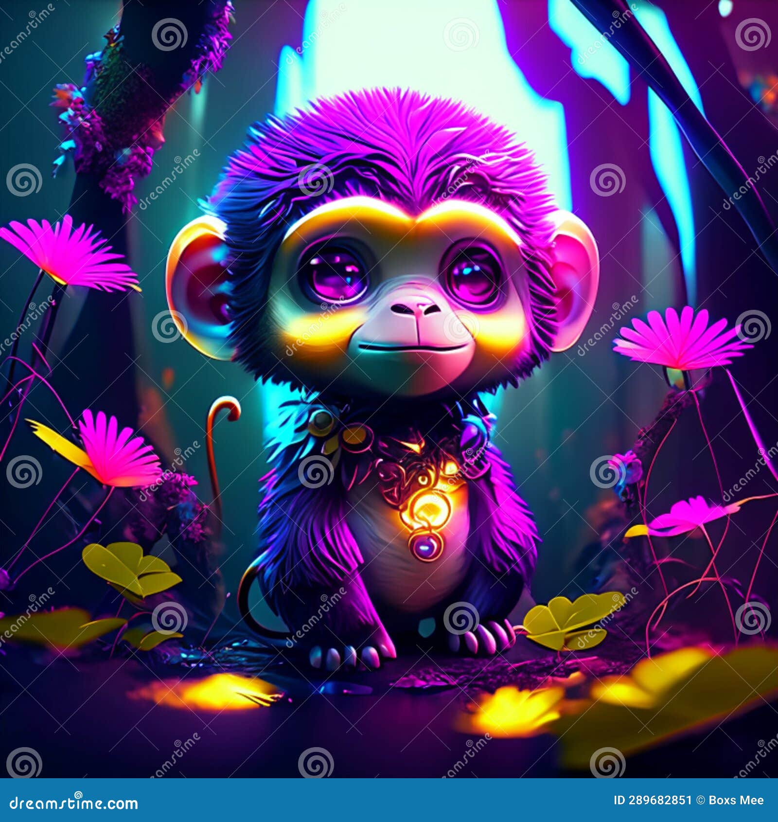 Cute Little Monkey in Neon Light. 3d Rendering, 3d Illustration Stock ...