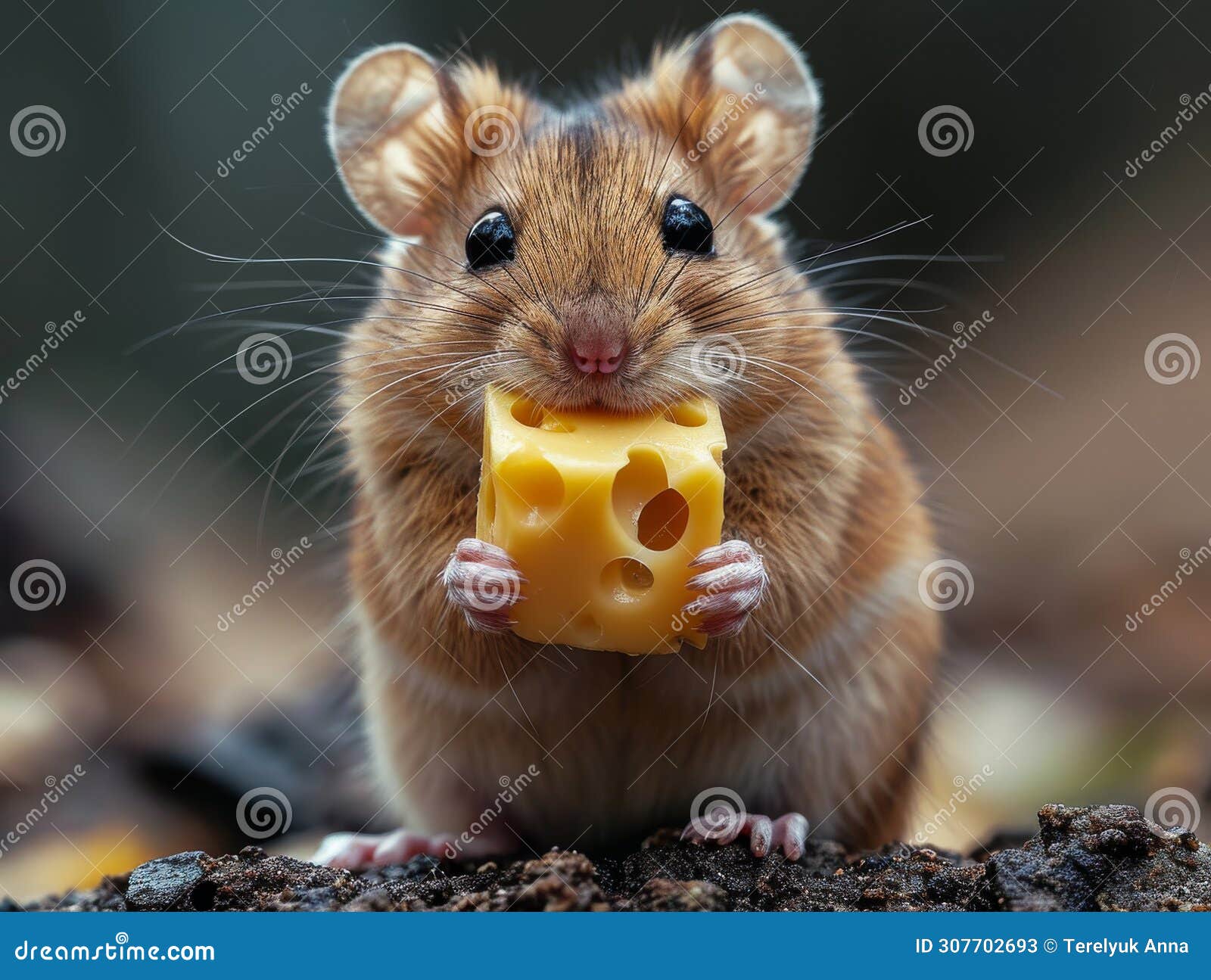 Cute Little Mouse with Cheese in the Park. Little Mouse Eats Cheese ...