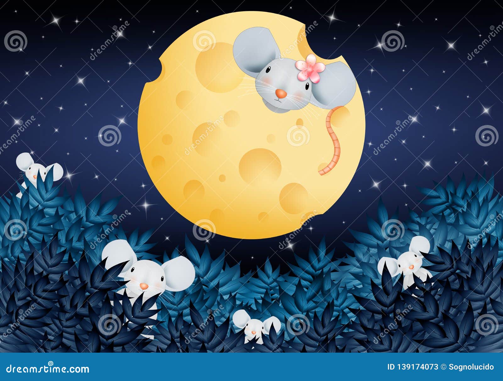 Cute Little Mouse on the Moon in the Shape of a Cheese Stock ...