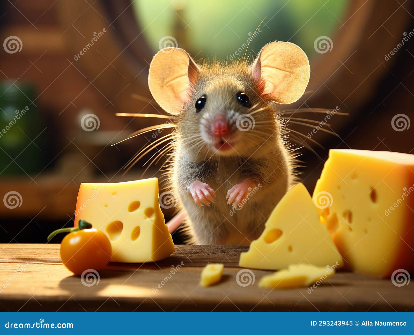 Cute Little Mouse Sitting on Table and Eating Cheese Stock Illustration ...