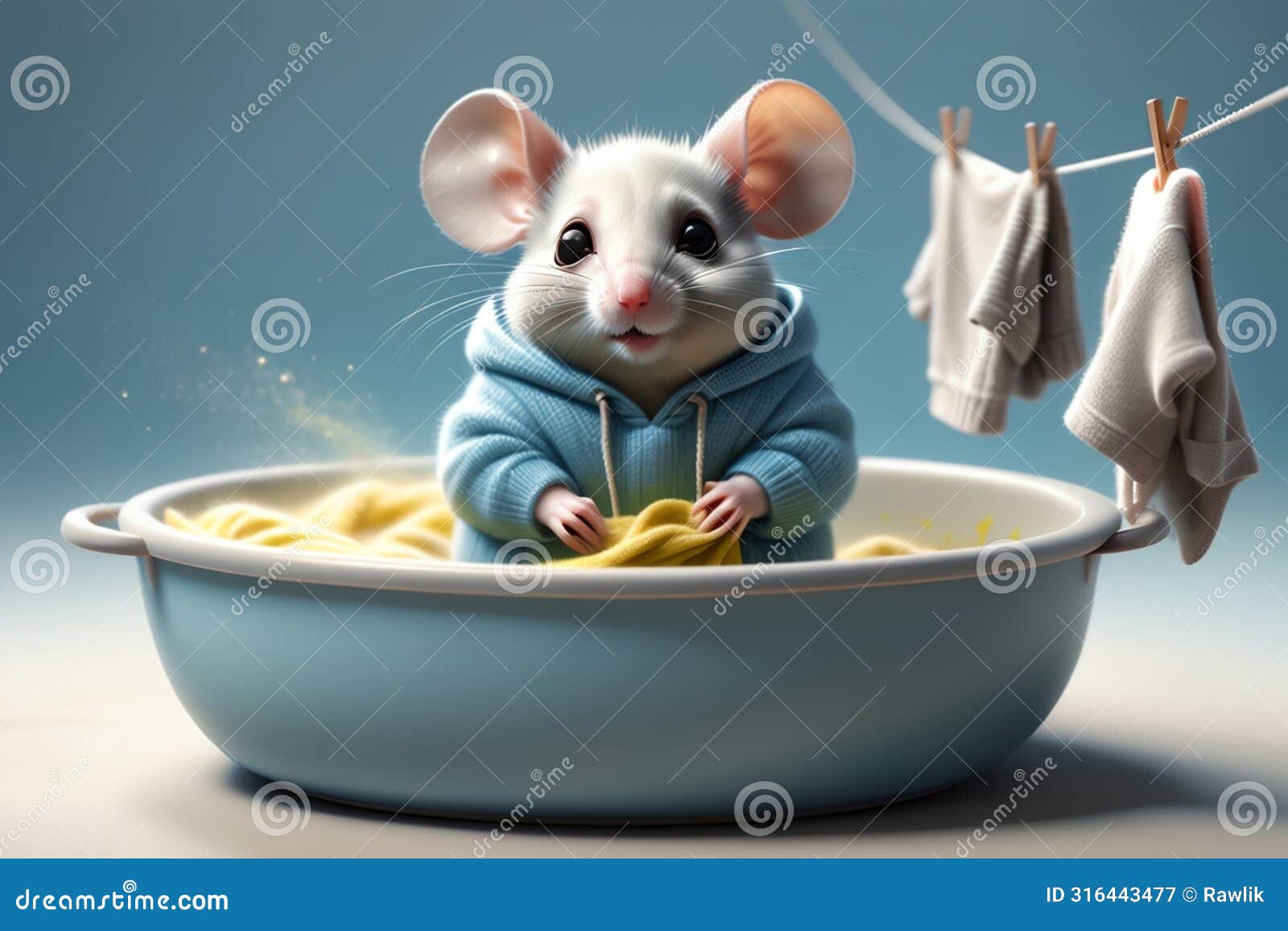Cute Little Mouse Washing Clothes, Isolated on Blue Background Stock ...