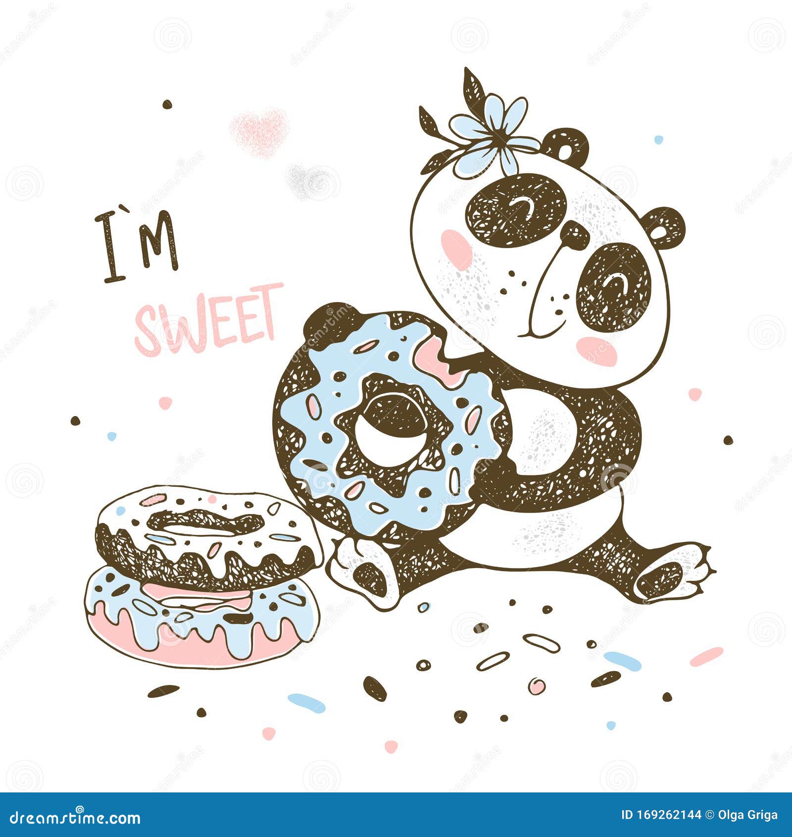 Cute Little Panda Eats Sweet Donuts. Vector Stock Vector - Illustration ...