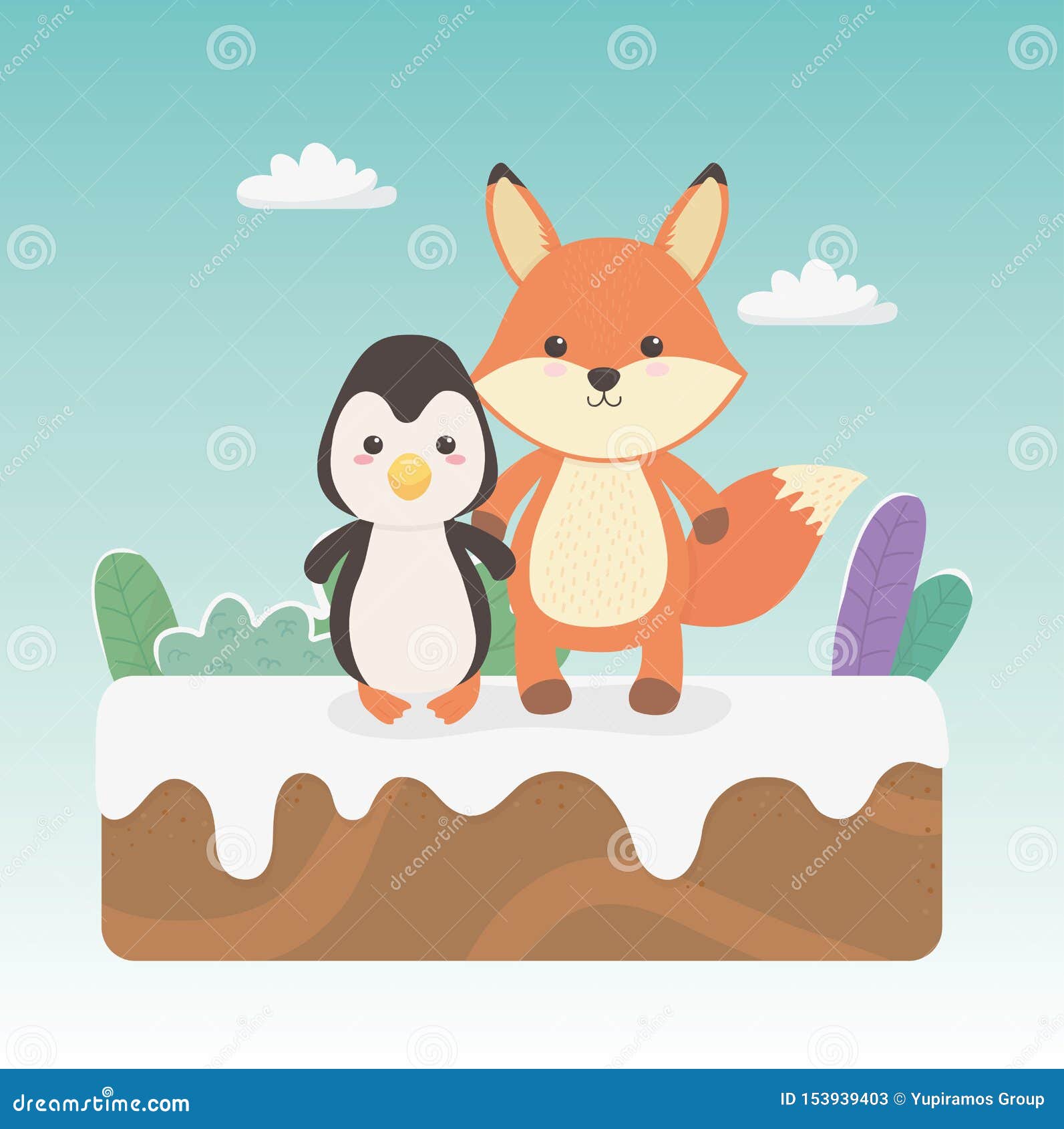 Cute and Little Penguin and Fox in the Field Stock Vector ...