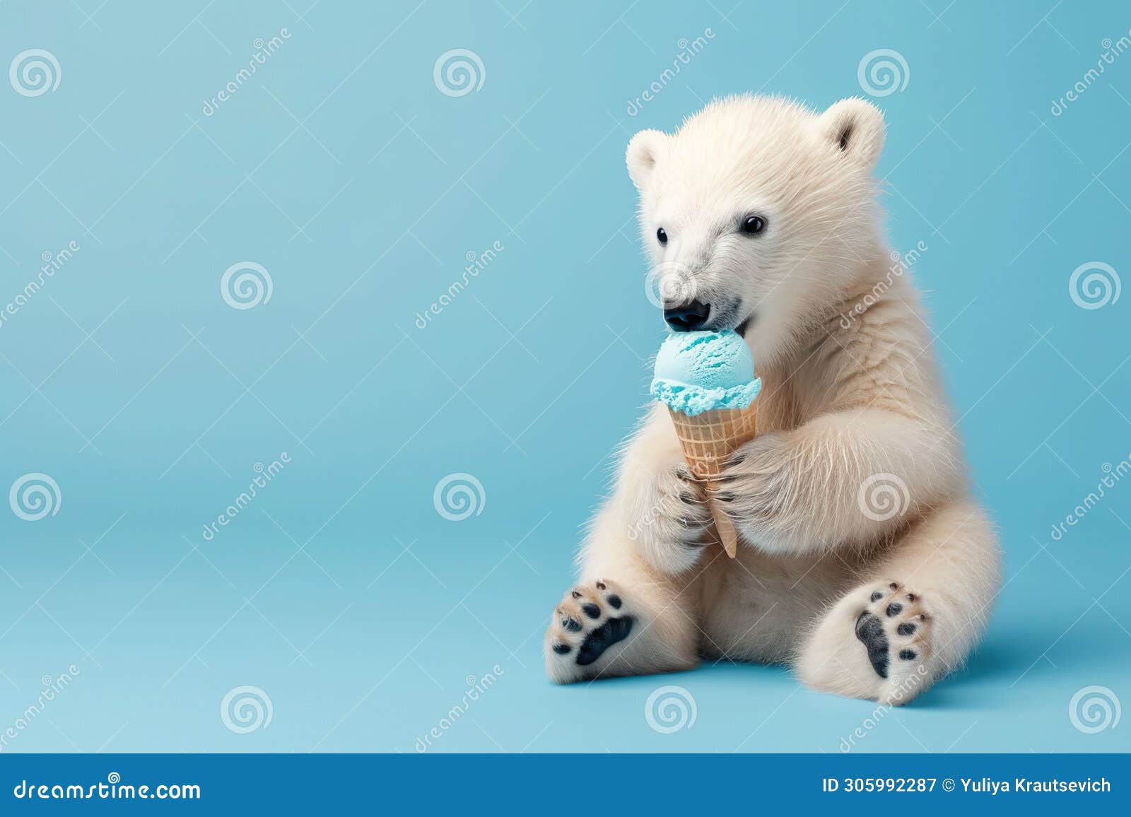 Cute Little Polar Bear with Ice Cream on Blue Background with Copy ...