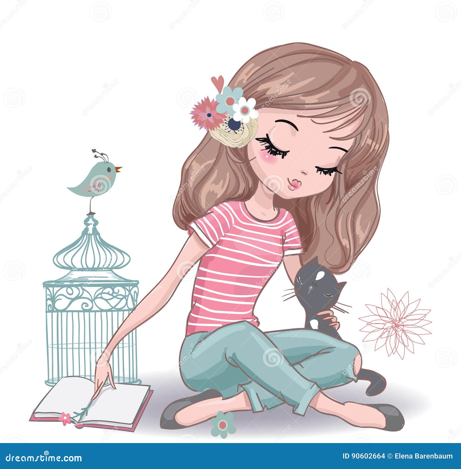 Cute Little Princess with Black Cat Stock Vector - Illustration of ...