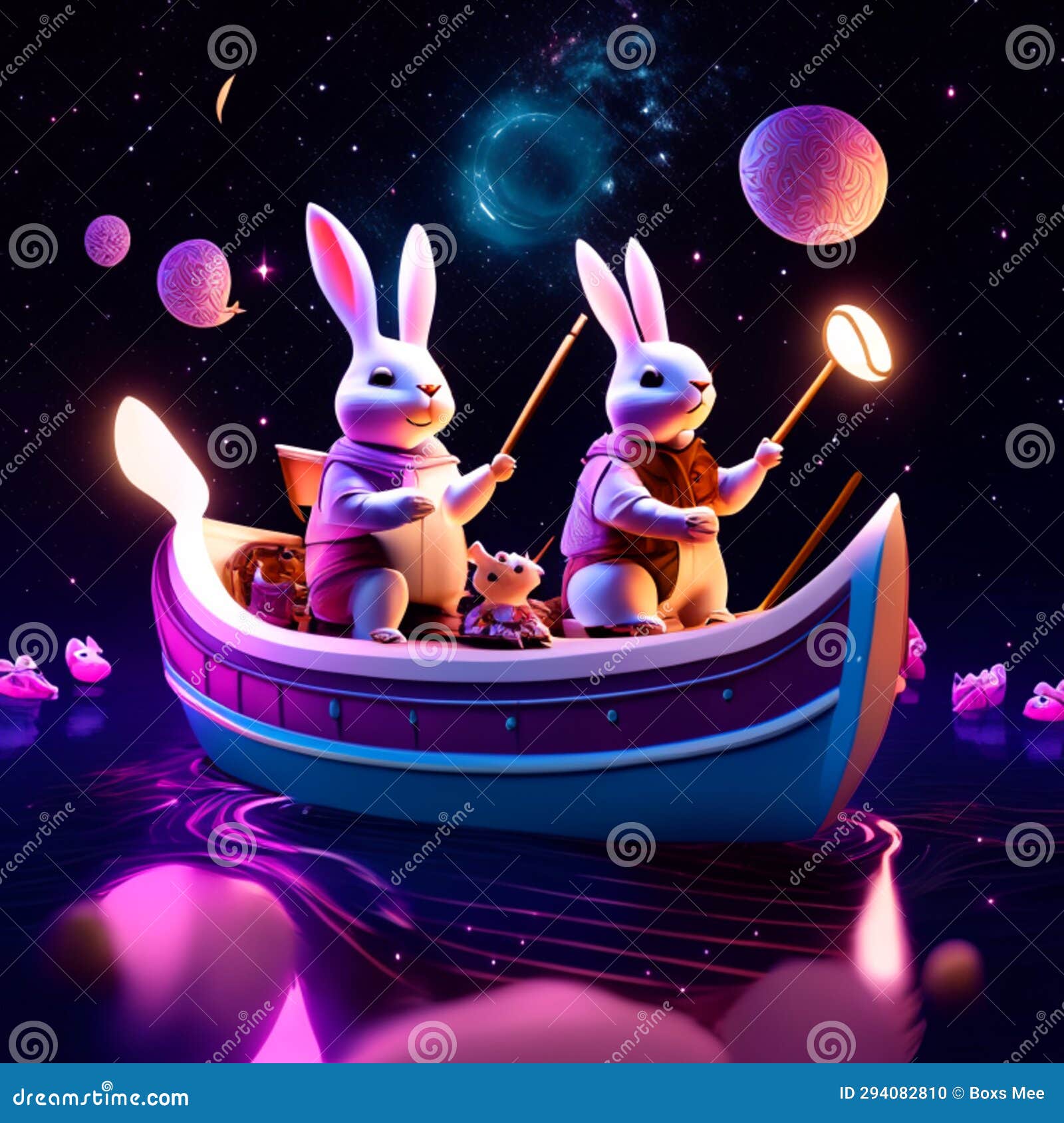 Cute Little Rabbit in a Boat with Firecrackers. 3d Illustration ...