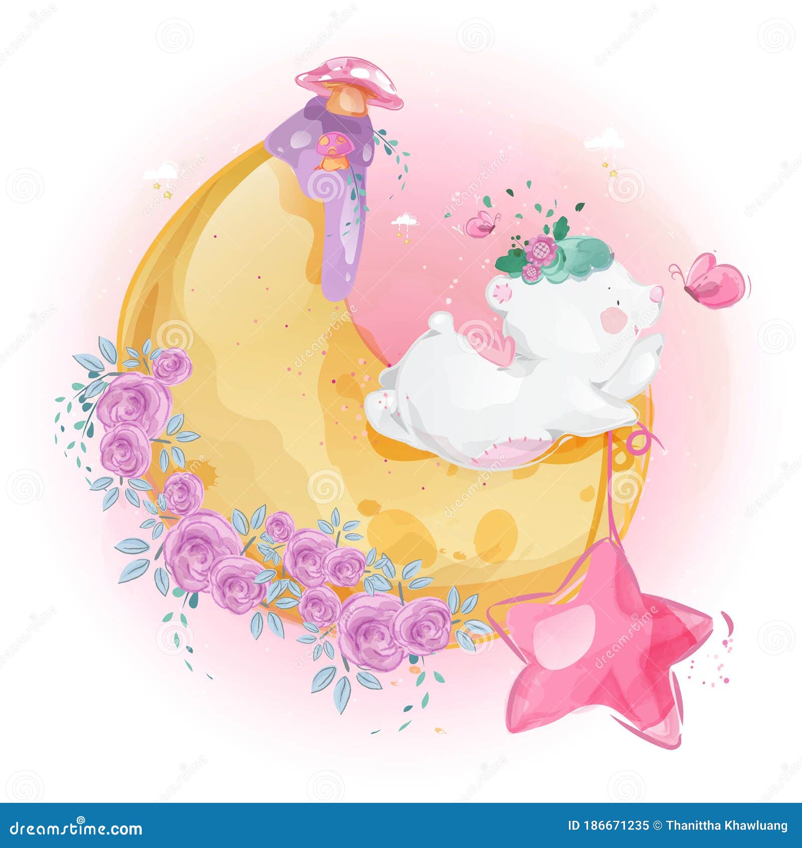 Cute Little Rabbit and Moon in the Bright Sky Stock Illustration ...