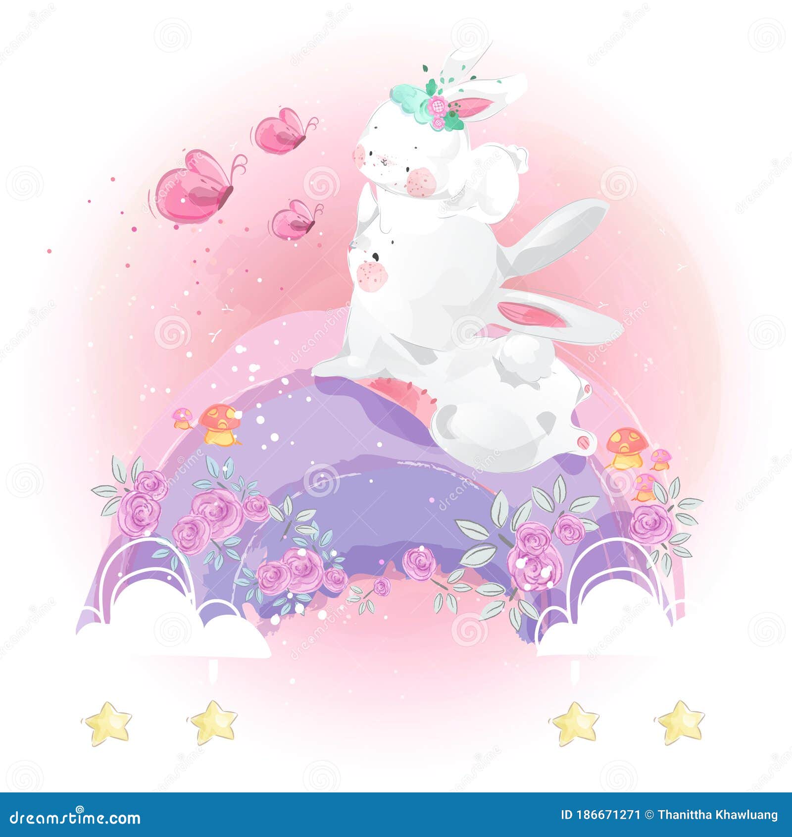 Cute Little Rabbit and Rainbow in the Bright Sky Stock Illustration ...