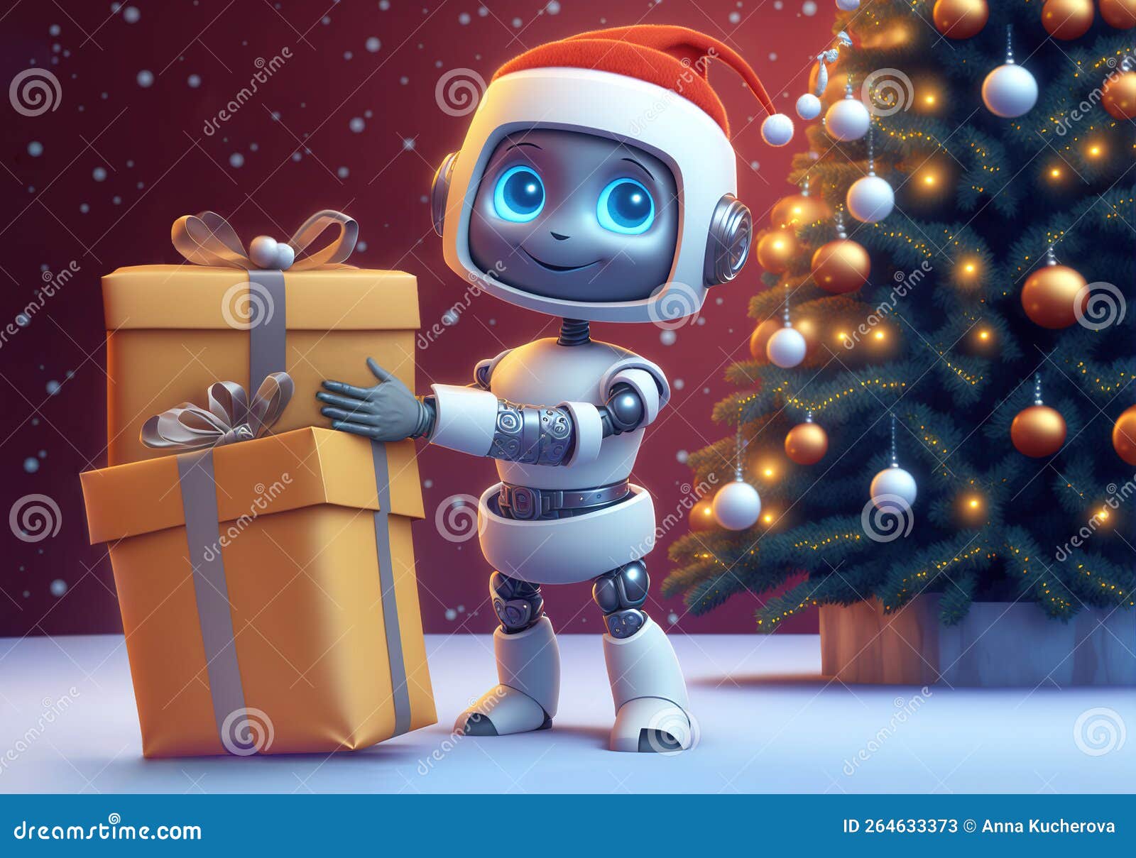 Cute Little Robot with Christmas Presents in Front of Christmas Tree ...