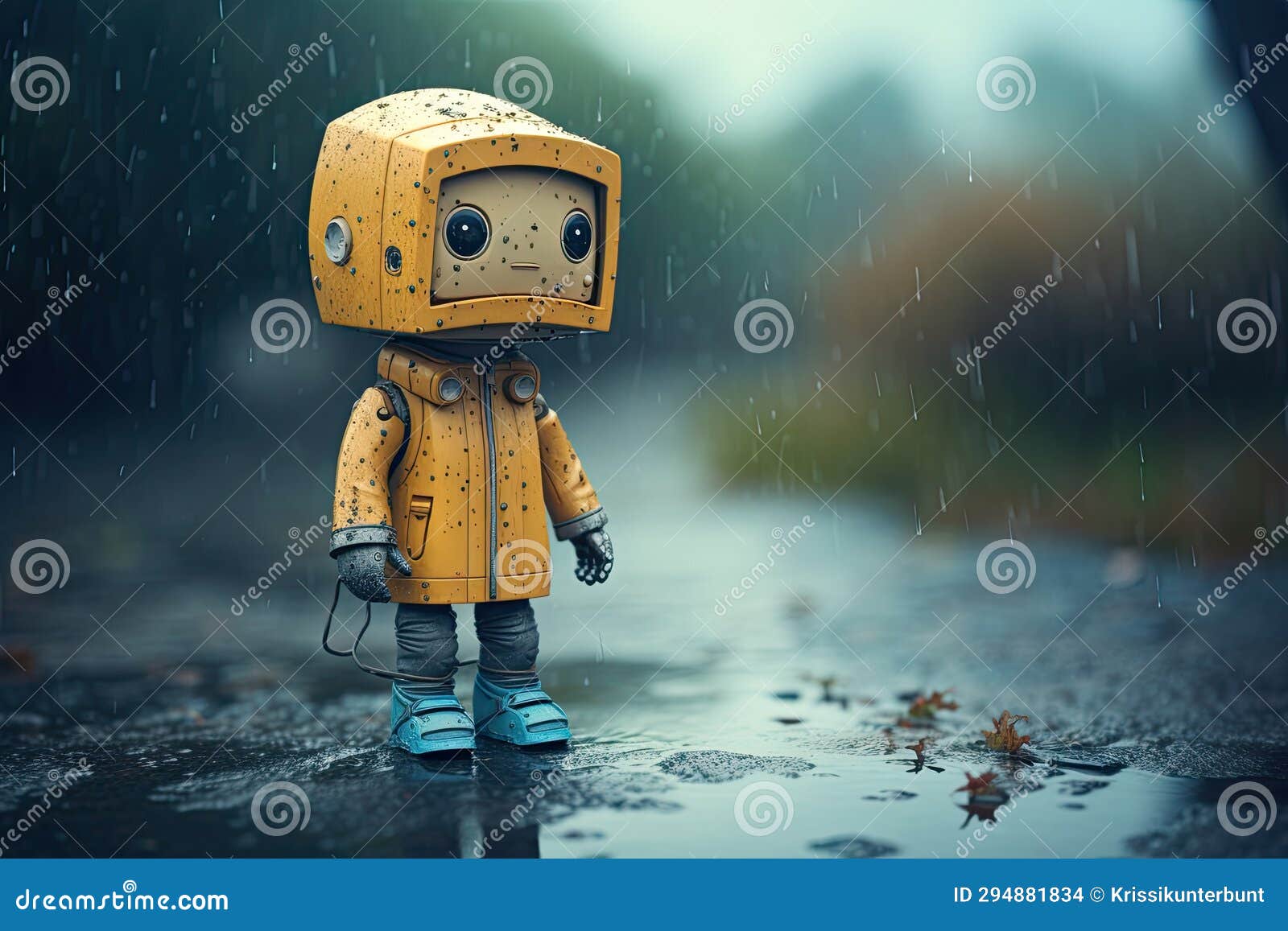 Cute Little Robot Stand in Rain AI Generated Stock Illustration ...
