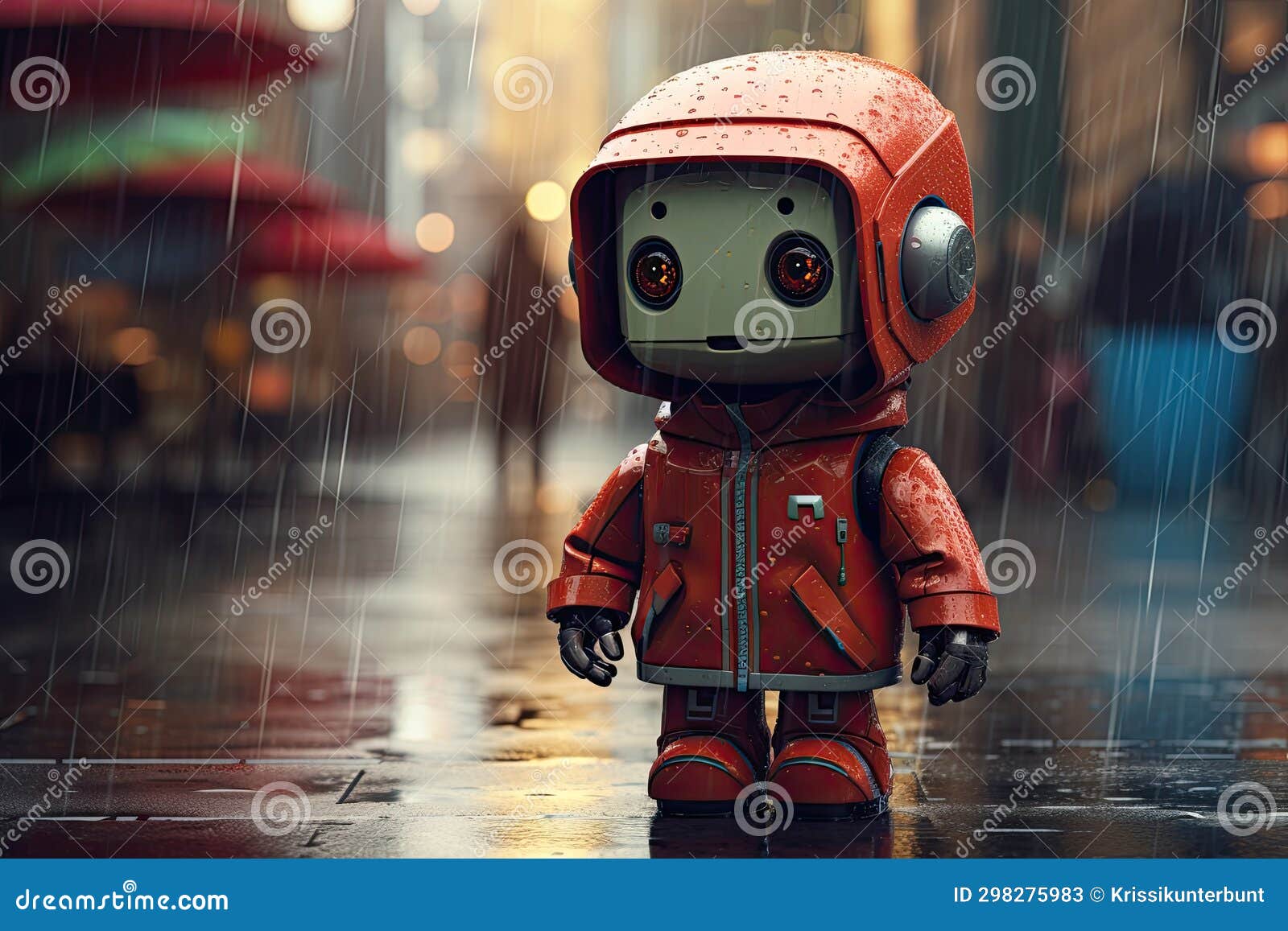 Cute Little Robot Stand in Rain AI Generated Stock Illustration ...
